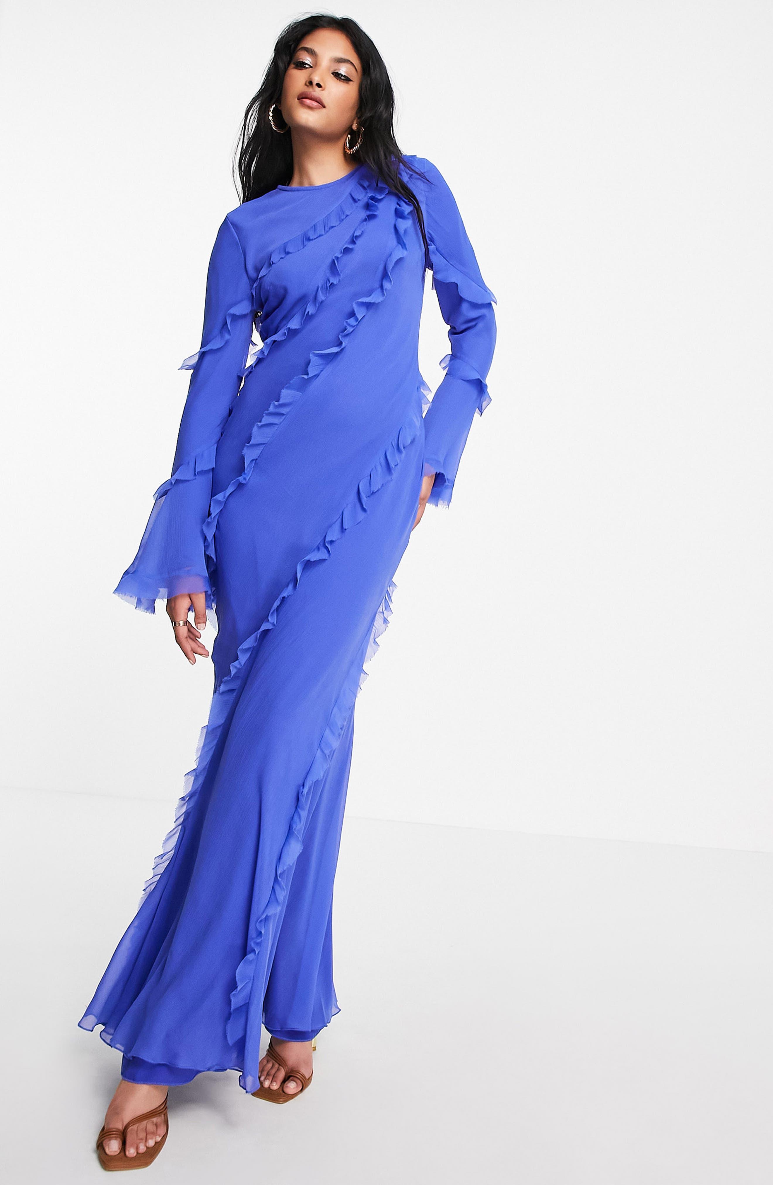 Asos Ruffle Detail Long Sleeve Chiffon Maxi Dress In Blue Lyst