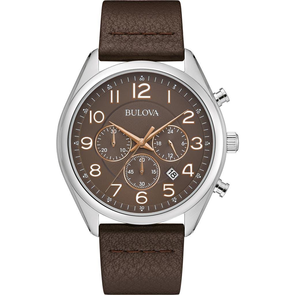 Bulova Chronograph Quartz Leather Strap Watch, 34Mm in Metallic for Men ...