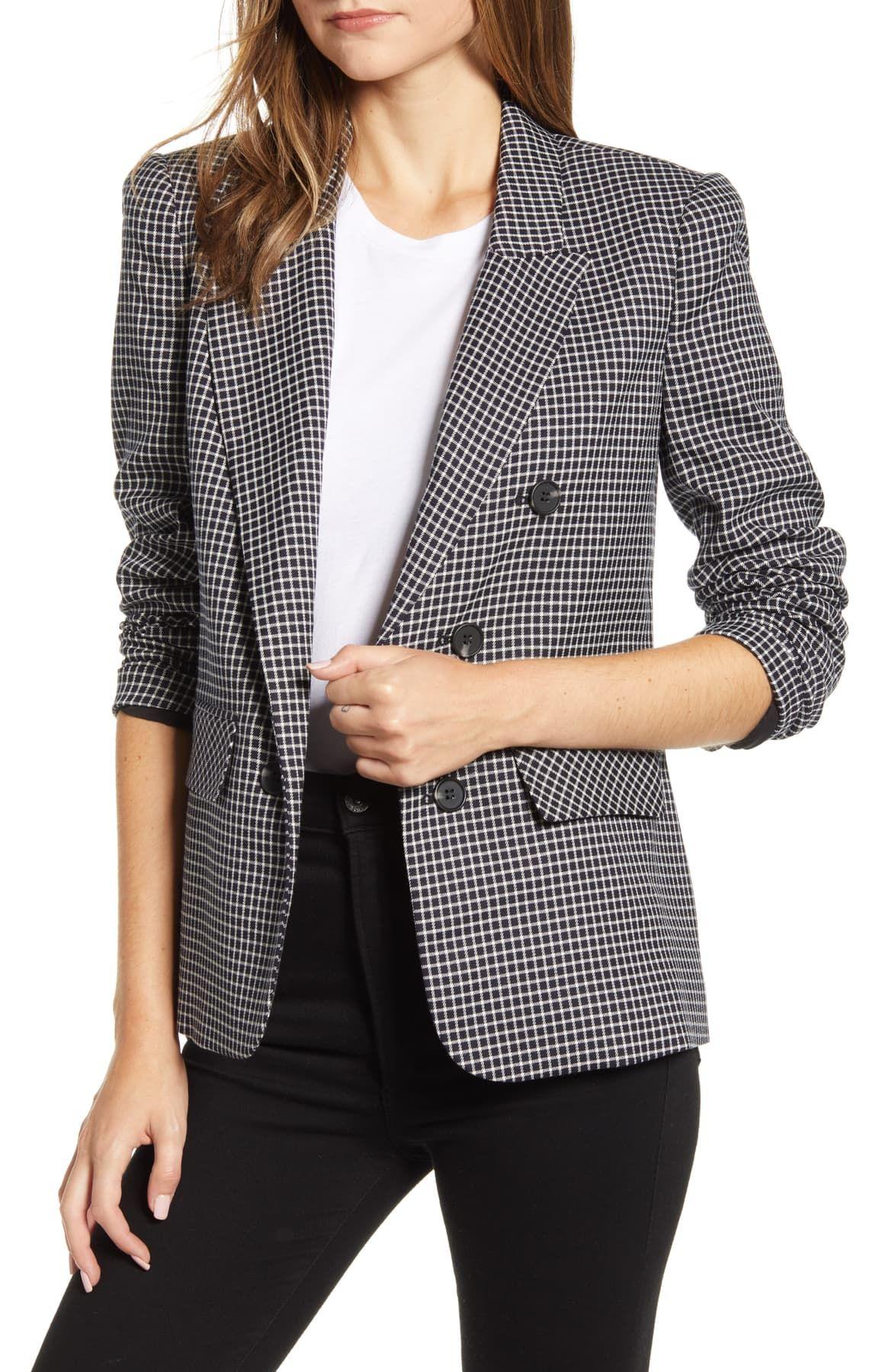 1.STATE Ruched Sleeve Windowpane Blazer in Black - Lyst
