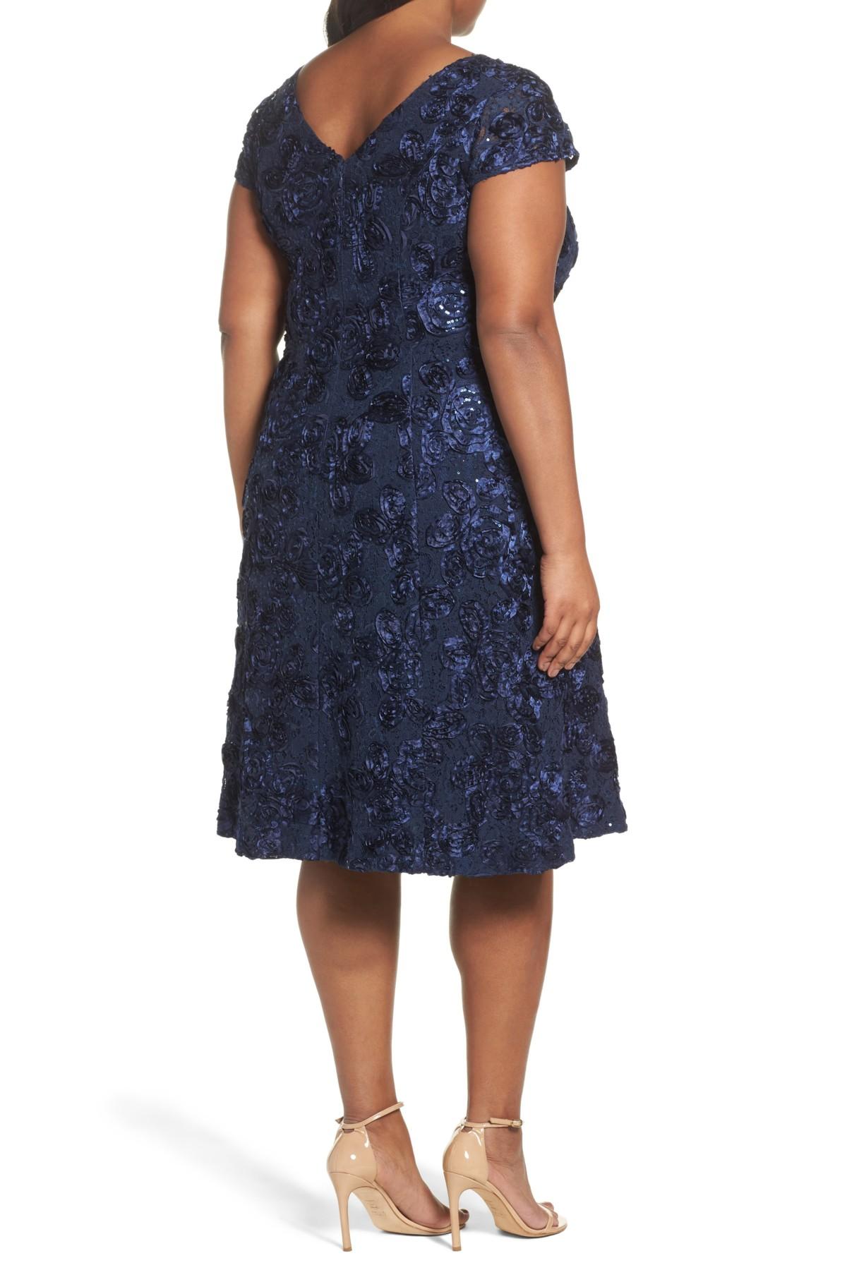 Alex Evenings Satin Rosette Fit And Flare Dress Plus Size In Navy Blue