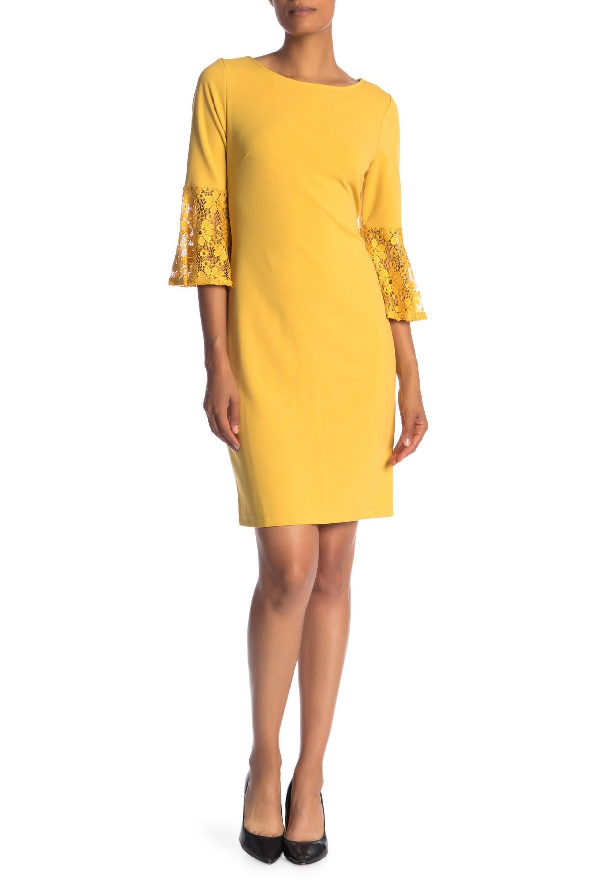 Sharagano Lace 3 4 Bell Sleeve Dress In Yellow Lyst