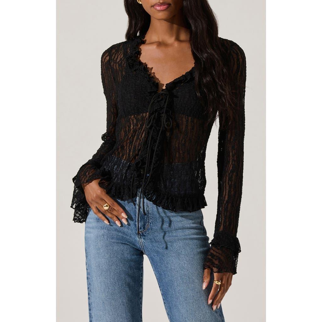 Astr Bell Hem Long Sleeve Sheer Lace Top in Black | Lyst