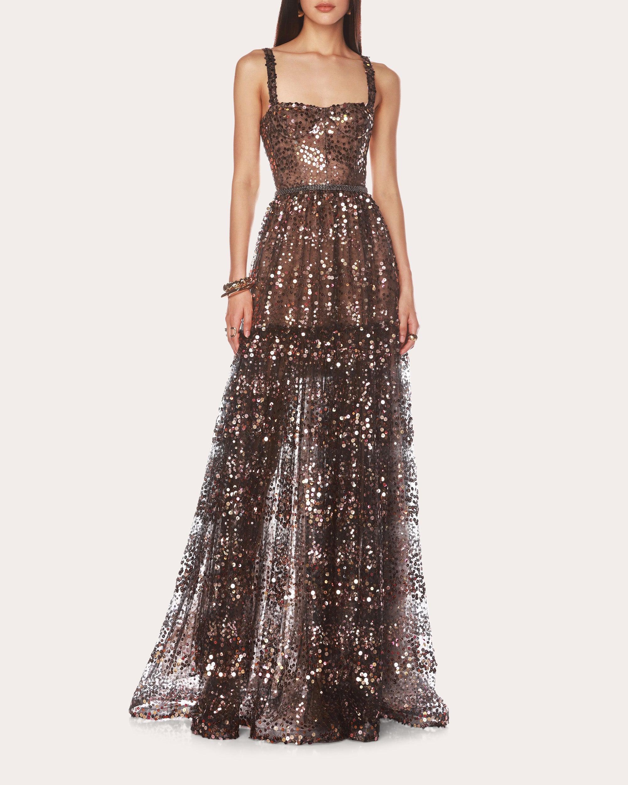 Bronx and Banco Midnight Noir Tiered Sequin-Embellished Gown in Brown ...