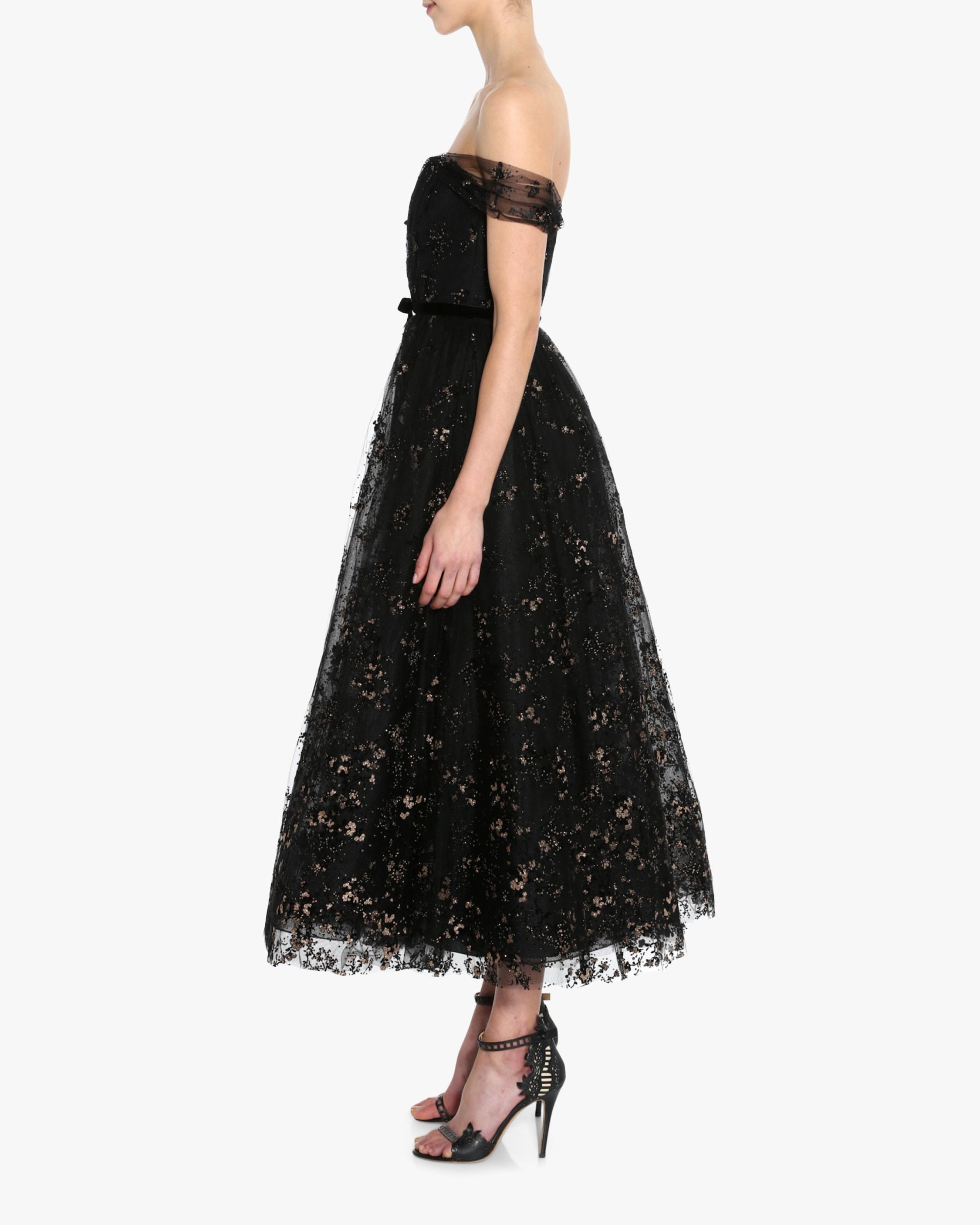 Marchesa Notte Off Shoulder Glitter Tulle Midi Gown In Black Save 24