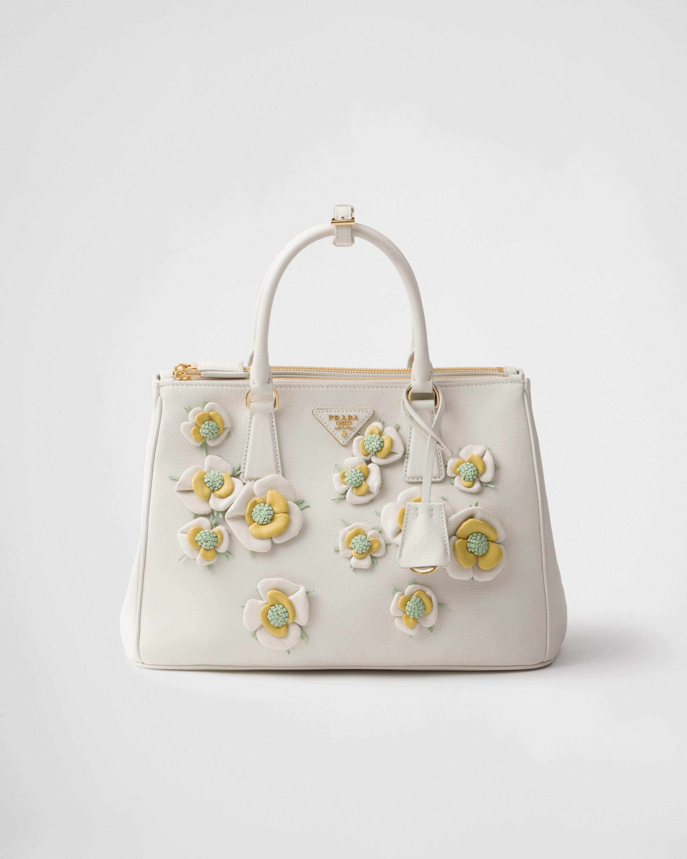 Prada Large Galleria Leather Bag With Floral Appliqués in White | Lyst