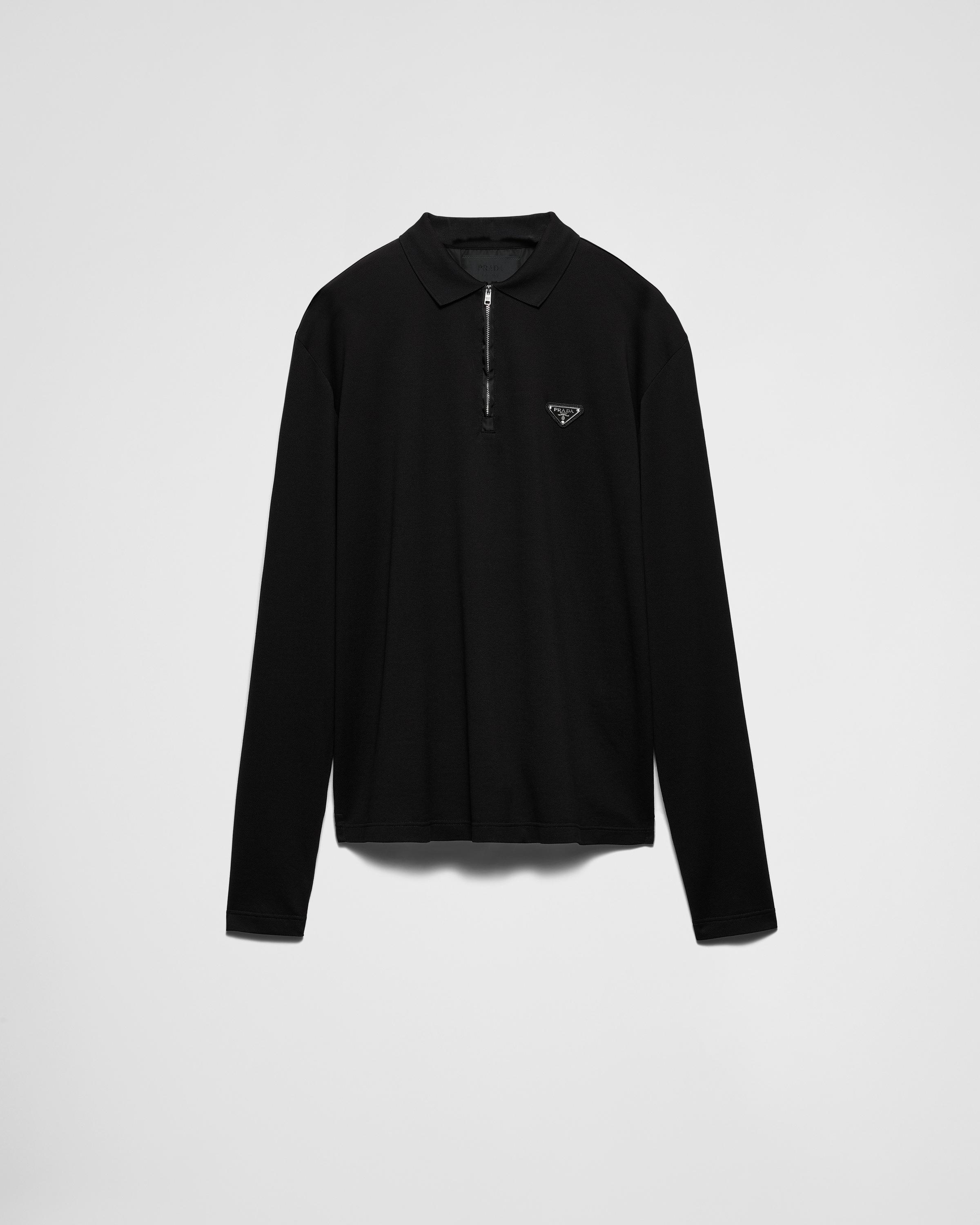 Prada Long-Sleeved Piqué And Re-Nylon Polo Shirt in Black Prada Long-Sleeved Piqué And Re-Nylon Polo Shirt in Black