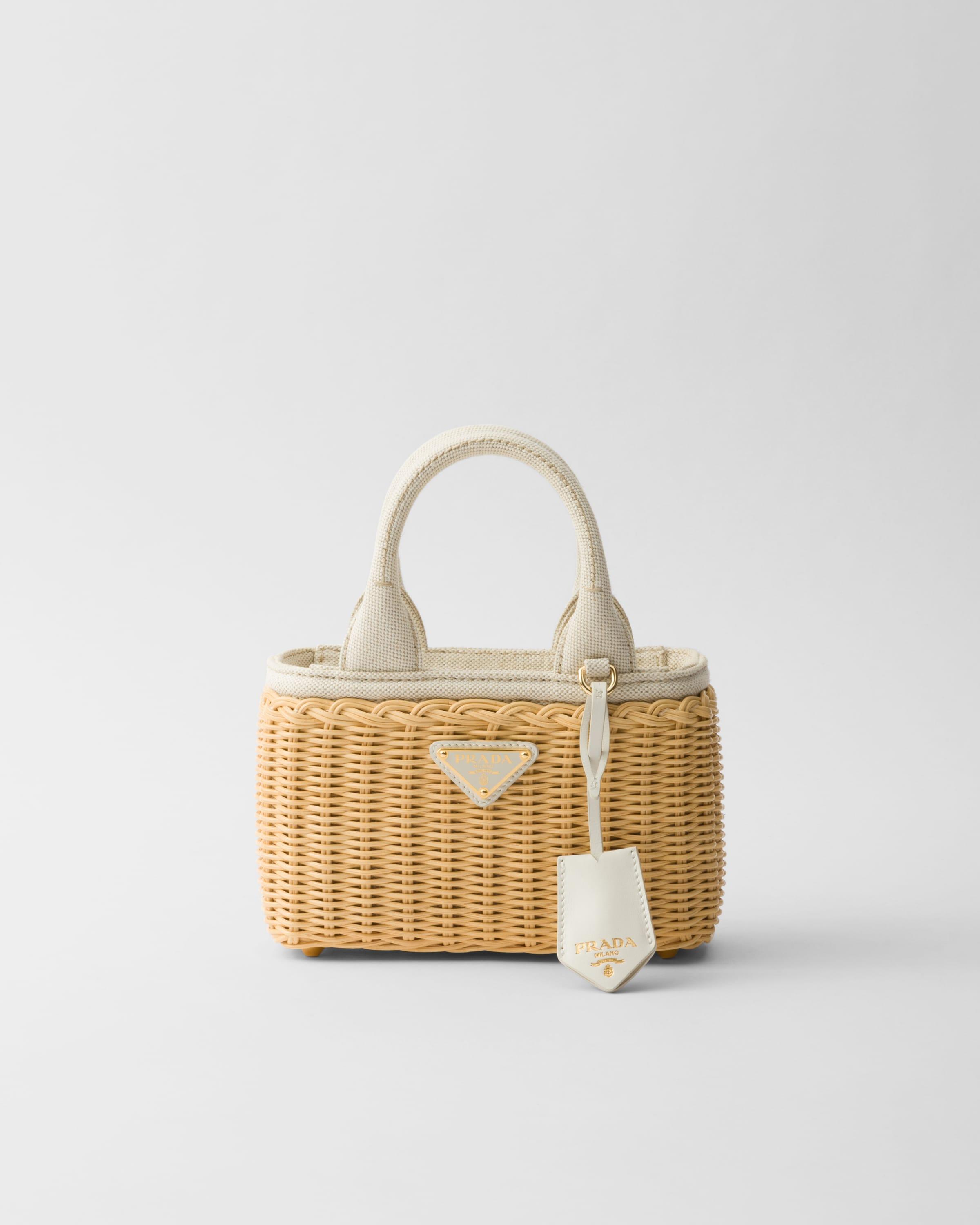 Prada Mini Wicker And Linen Blend Tote Bag in Metallic | Lyst