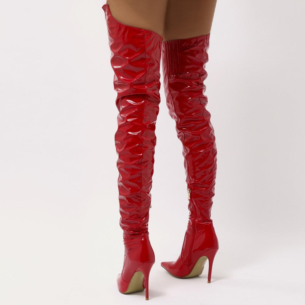 Public Desire Denim Houdini Extreme Thigh High Vinyl Boots In Red ...