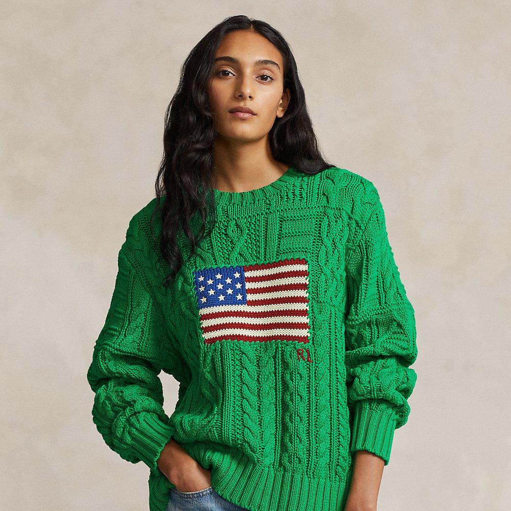 Ralph Lauren Aran-knit Flag Cotton Jumper in Green | Lyst