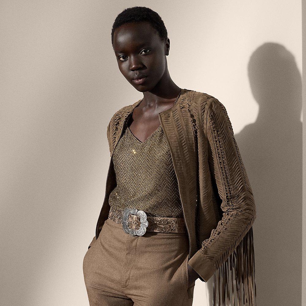 Ralph Lauren Christie Fringe-trim Lamb-suede Jacket in Brown | Lyst