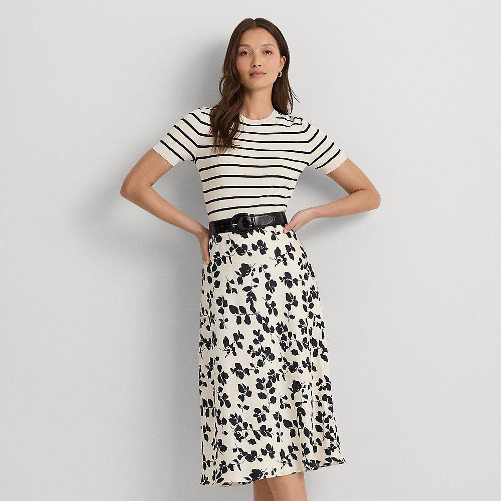 Ralph Lauren Leaf-print Satin Charmeuse Midi Skirt in Natural | Lyst