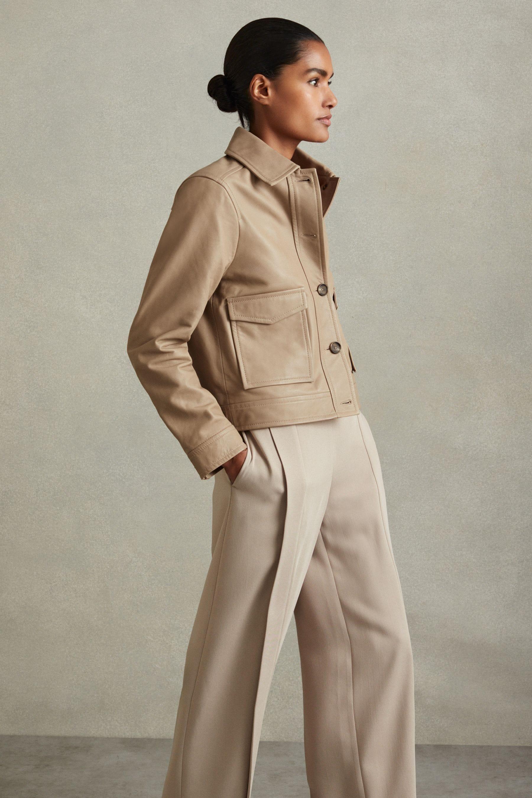 Reiss Hanson - Neutral Leather Trucker Jacket in Natural | Lyst