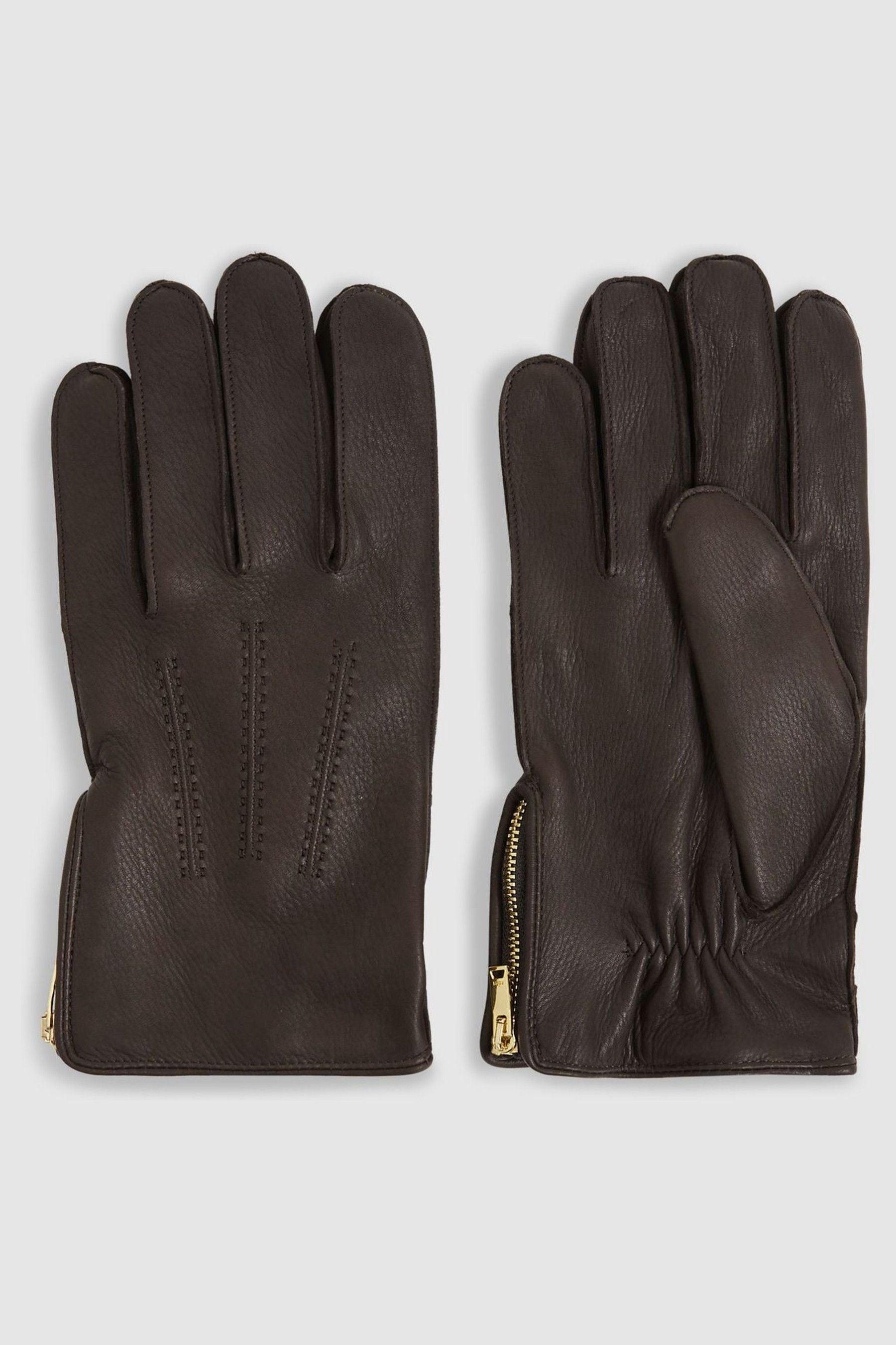 Reiss Dark Leather Zip-Side Gloves in Black for Men | Lyst UK