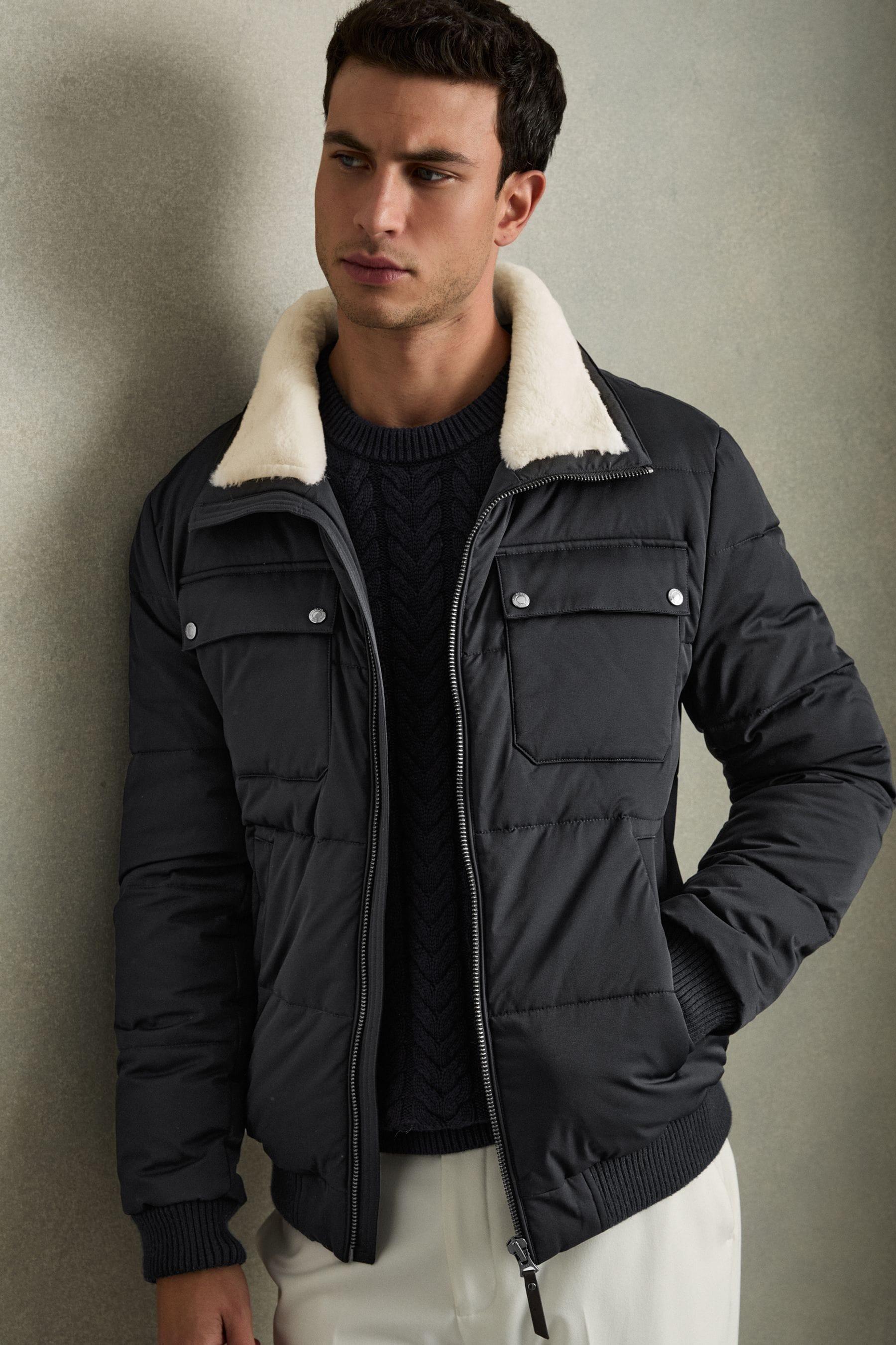 Reiss Misty - Navy/ White Borg Faux-fur Collar Puffer Jacket, M in ...