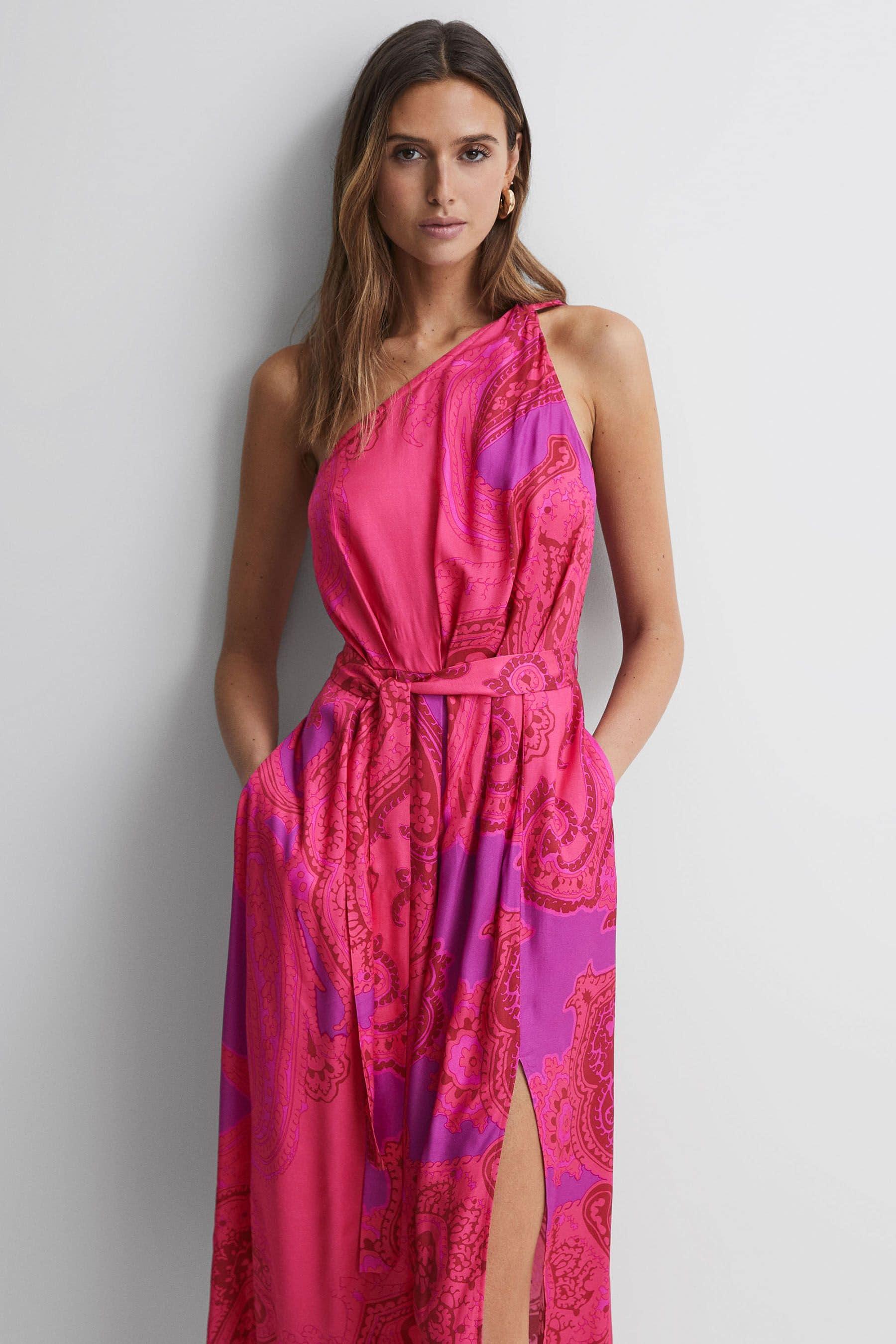 Reiss Mila - Pink One Shoulder Paisley Maxi Dress in Red | Lyst UK