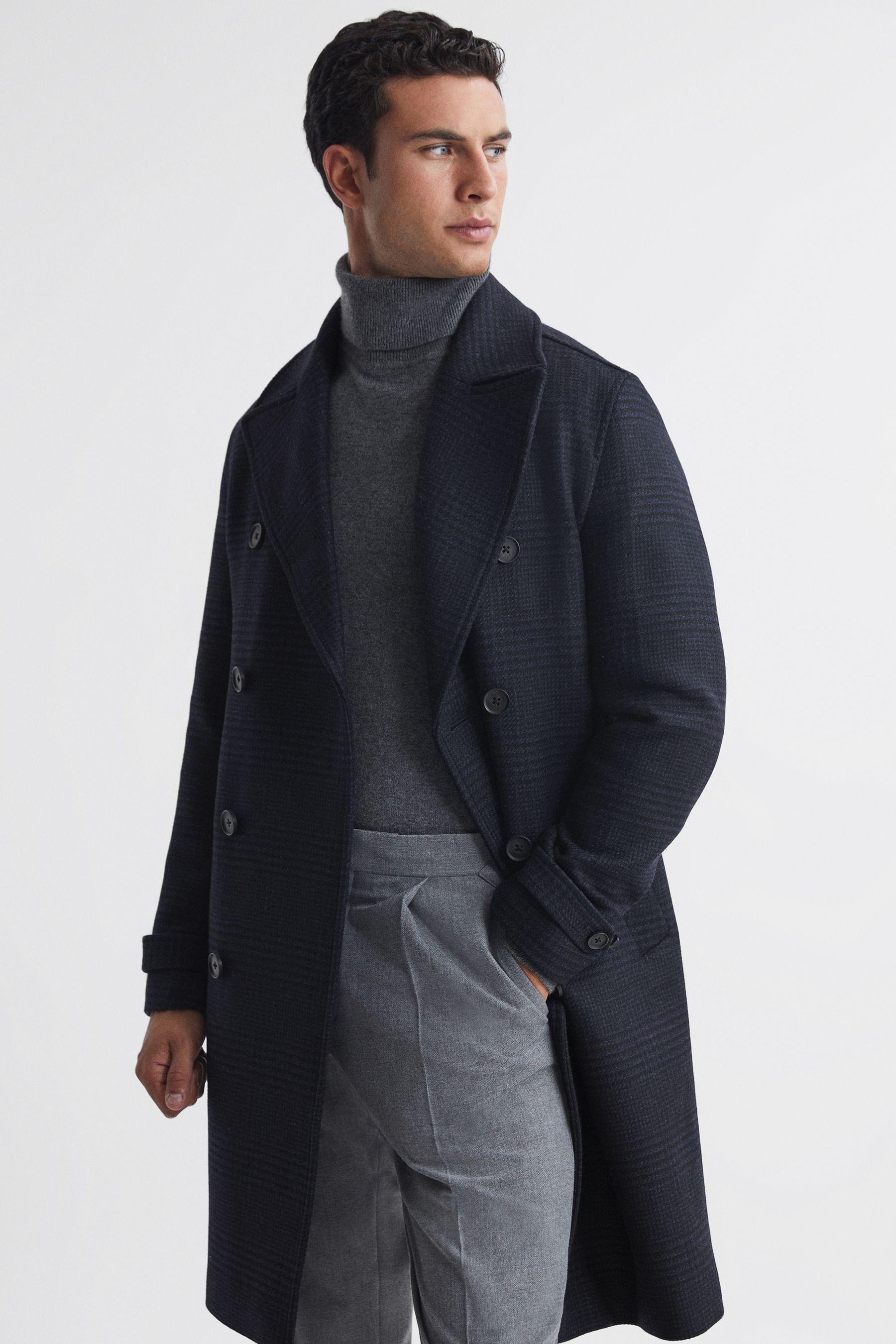 Reiss Attention - Navy Wool Check Double Breasted Coat, L in Blue for ...
