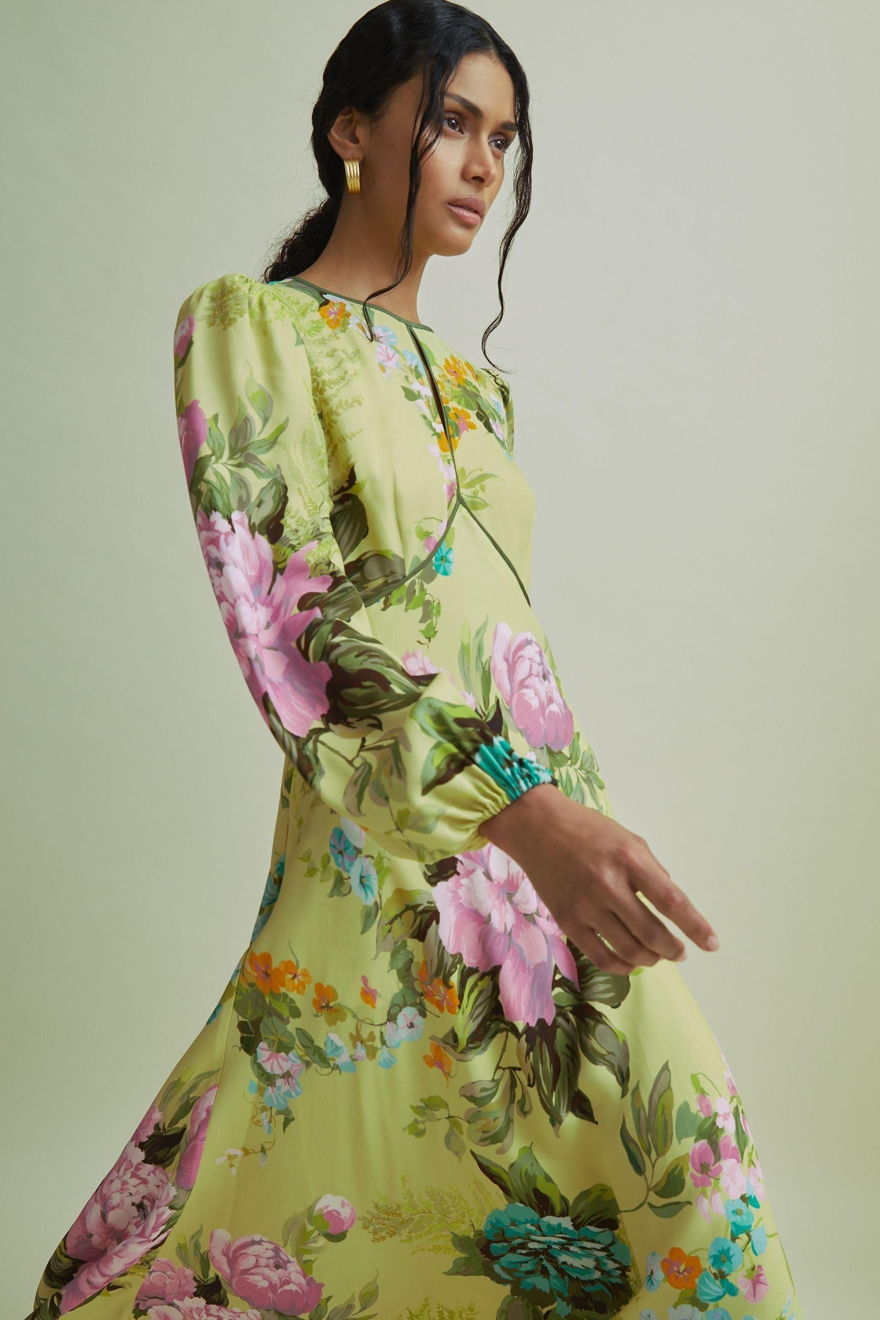 Florere Blouson Sleeve Midi Dress in Green | Lyst