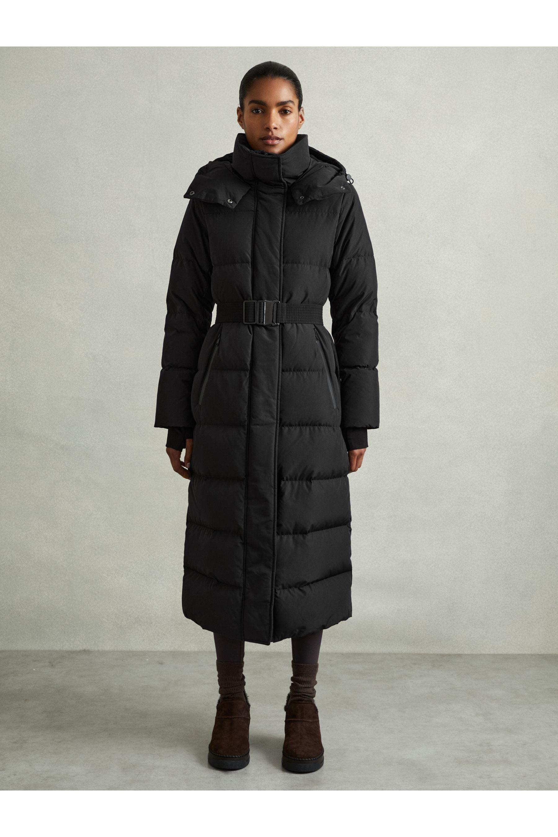 Reiss Petite Longline Hooded Puffer Coat in Black | Lyst