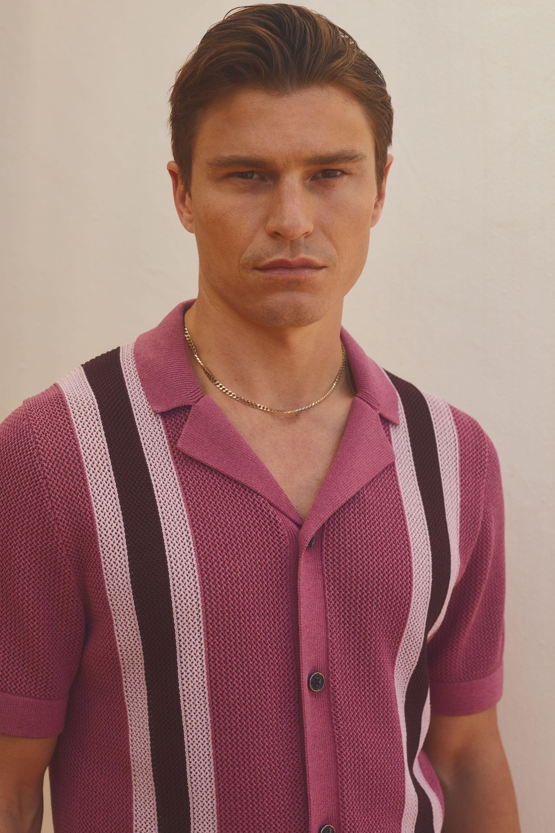Reiss Danube - Pink Multi | Ché Knitted Contrast Stripe Cuban Collar ...