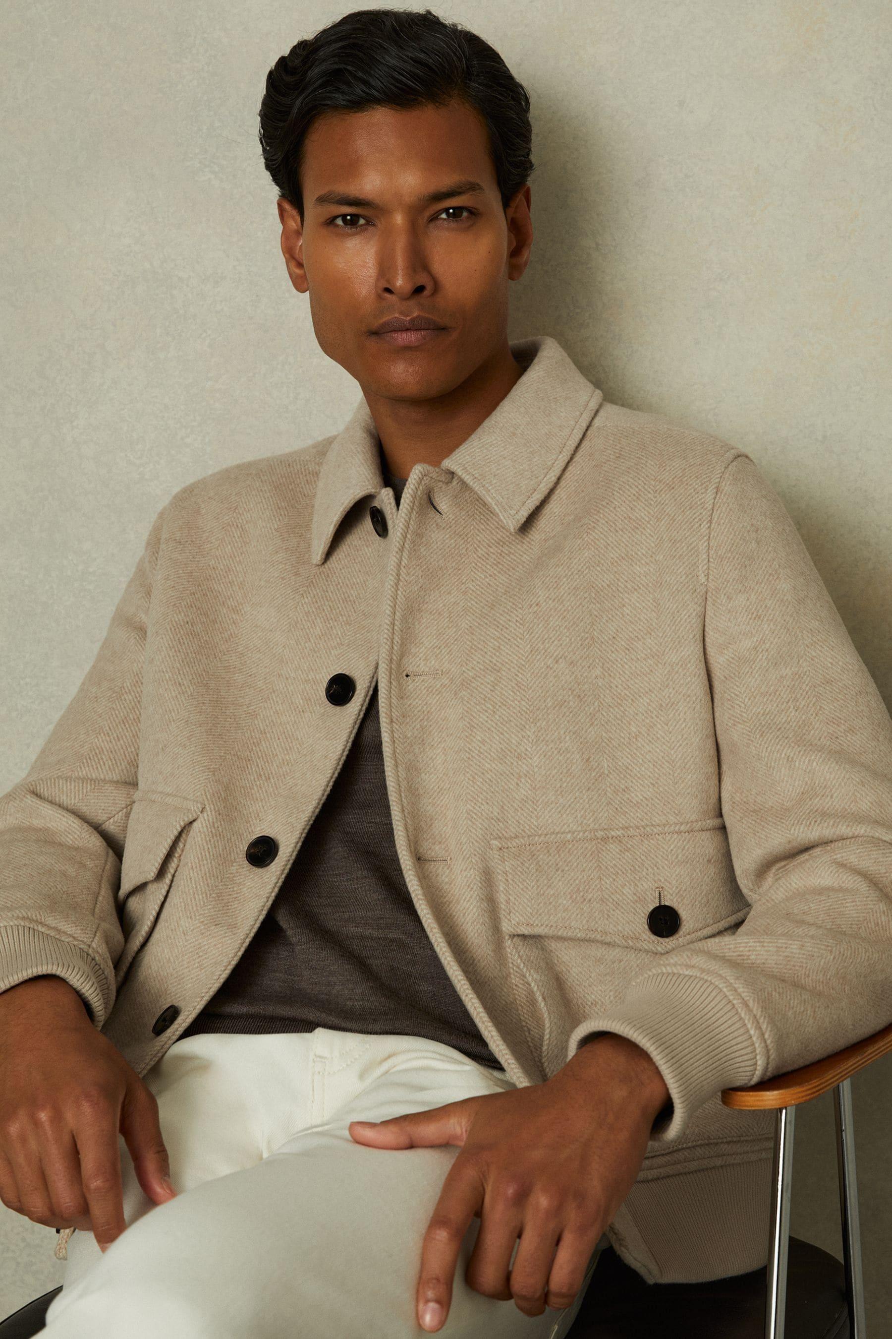 Reiss Bak - Oatmeal Herringbone Wool Blend Herringbone Jacket, M in ...
