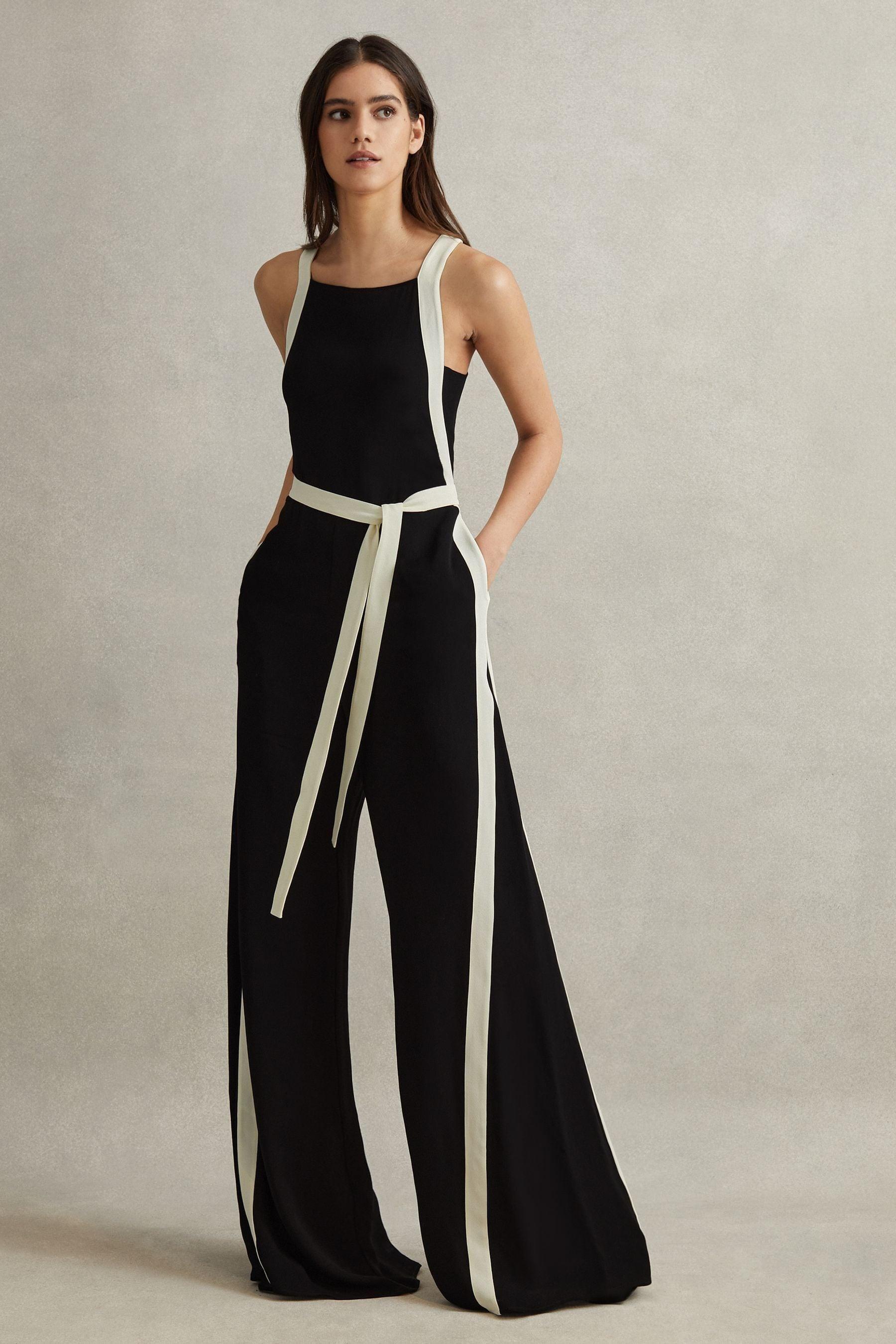 Reiss Contrast Trim Belted Jumpsuit in Black | Lyst