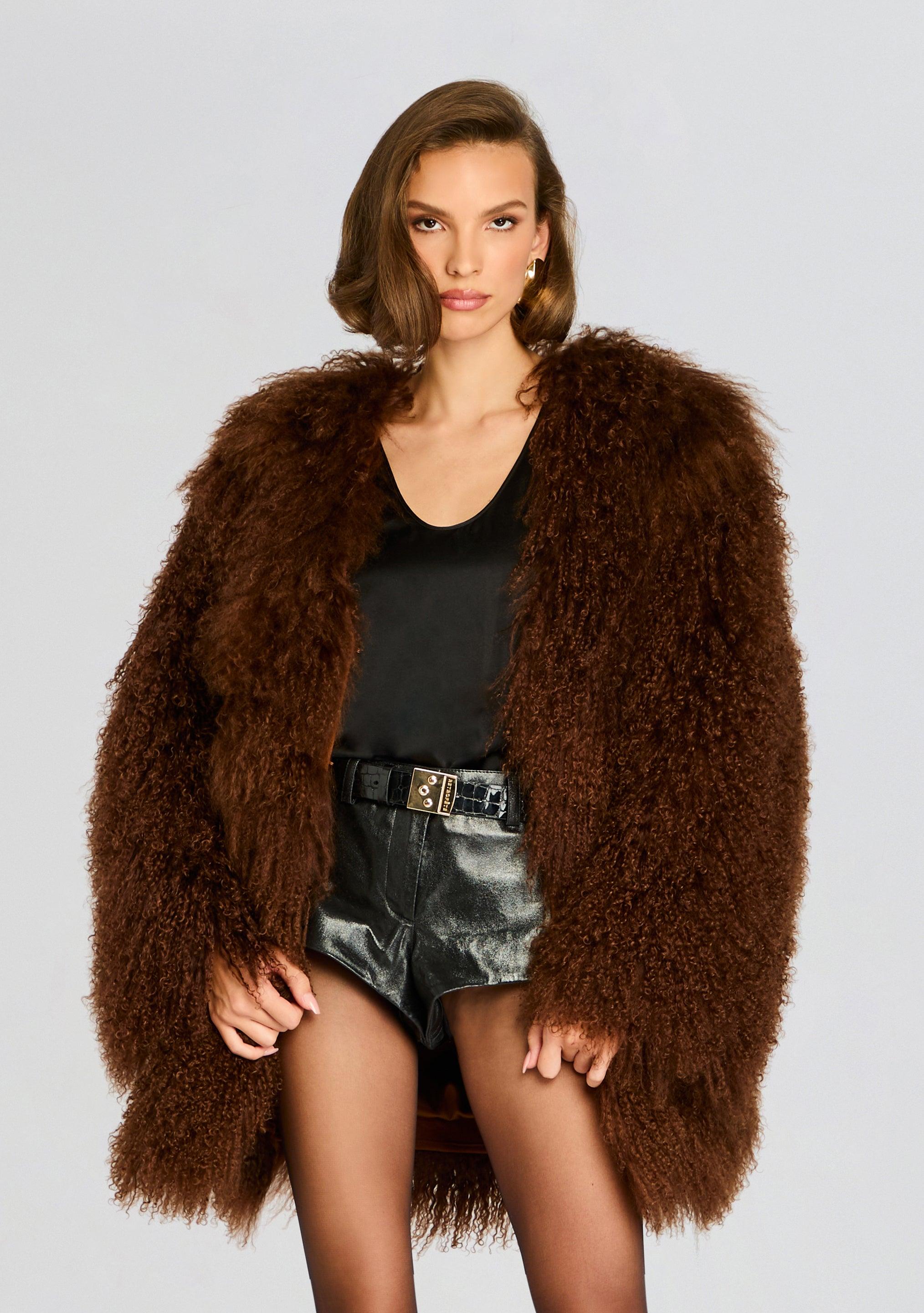 retroféte Mongolian Fur Suede Leather Jacket in Brown | Lyst