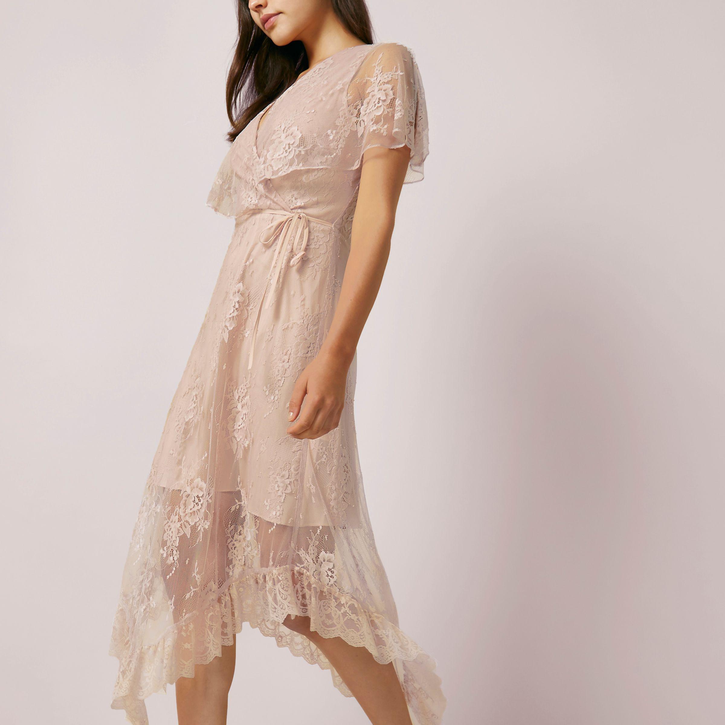 Lyst River Island Light Pink Lace Asymmetric Hem Midi Dress In Pink