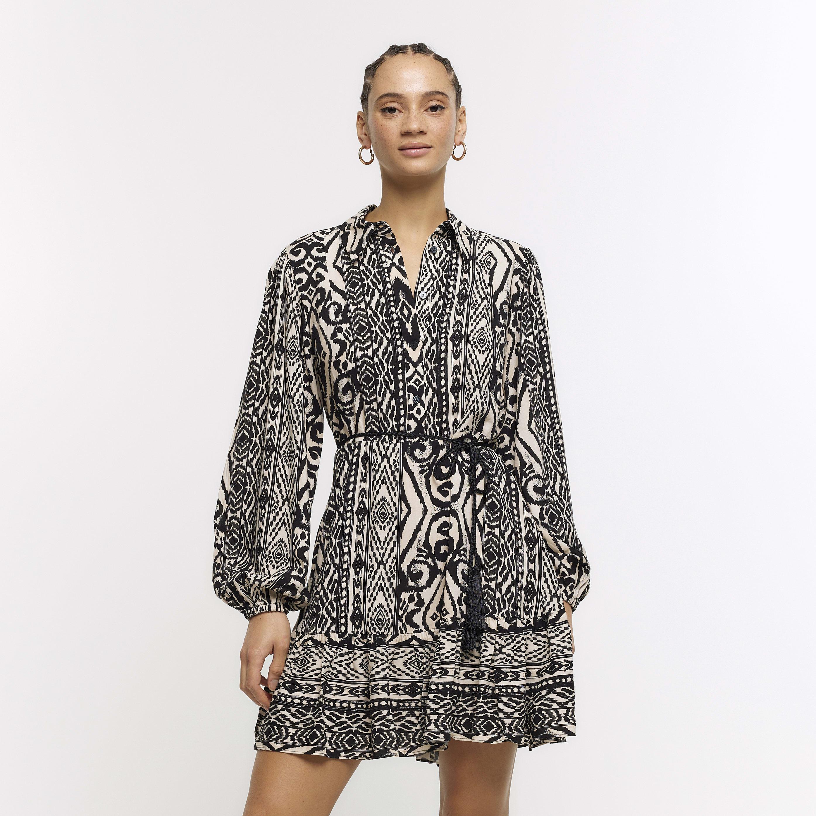 River Island Black Aztec Belted Mini Shirt Dress in White | Lyst UK