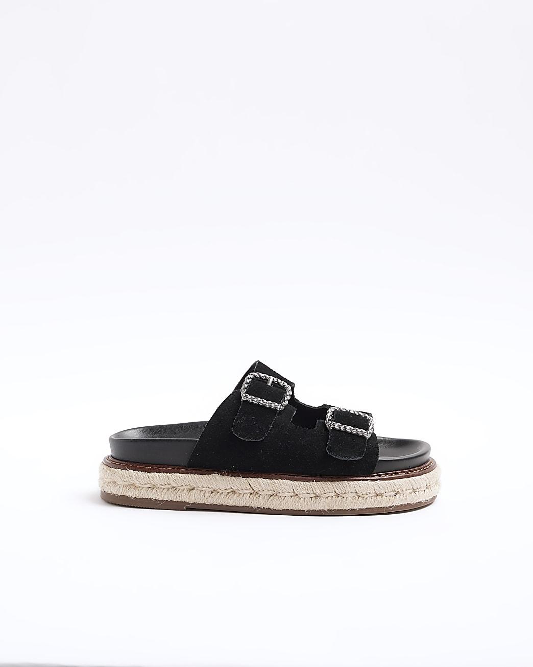 River Island Black Leather Buckle Sandals | Lyst