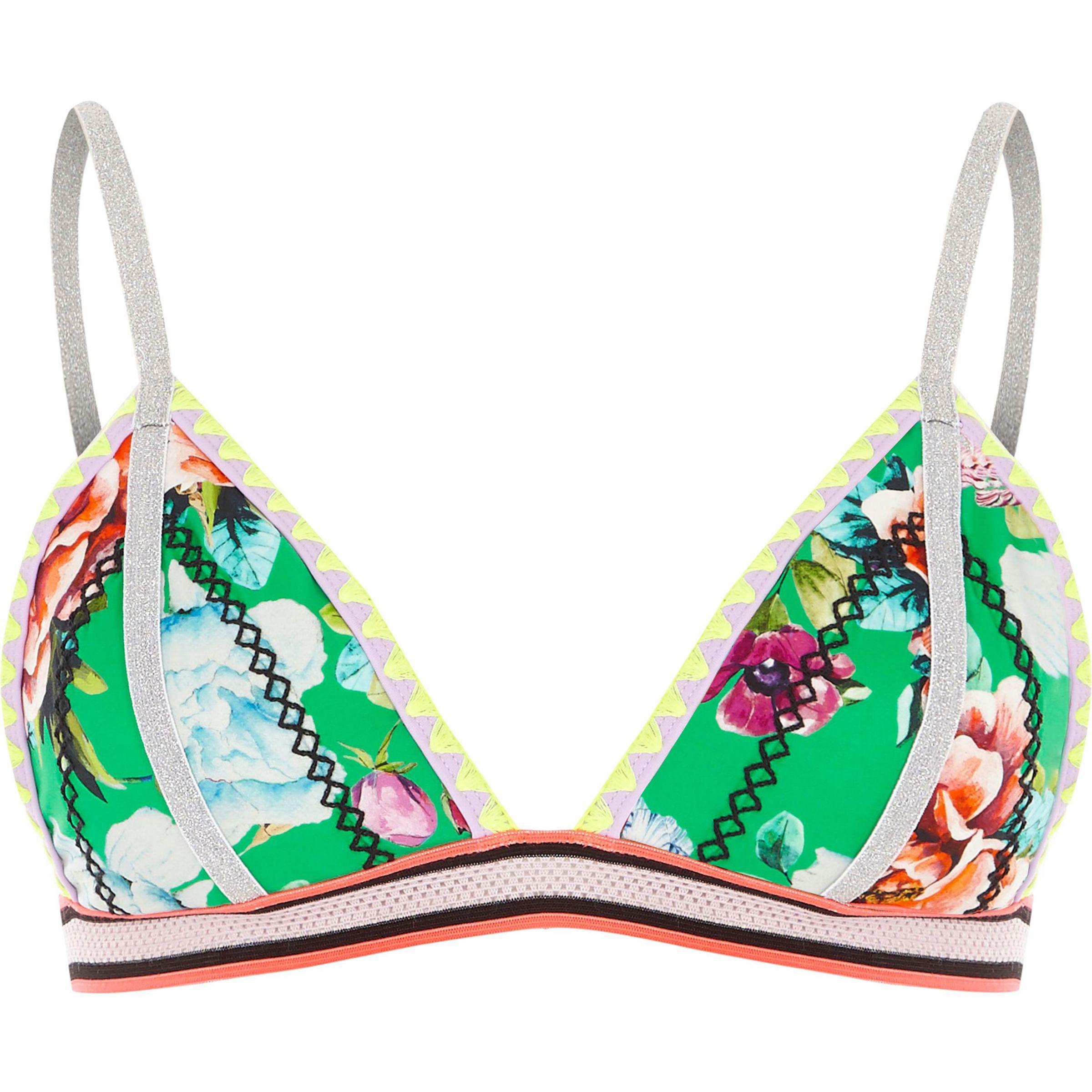 Green Floral Stitch Trim Triangle Bikini Top Bikinis Triangle