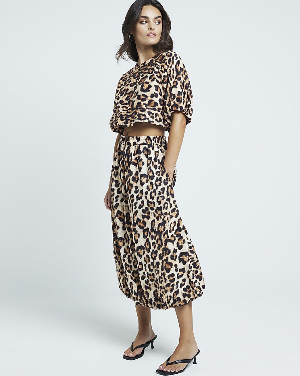 River Island Leopard Print Bubble Hem Midi Skirt in White | Lyst