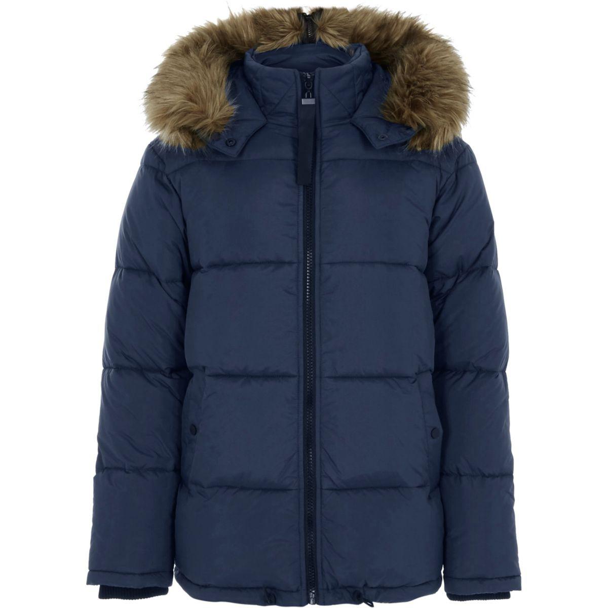 Lyst - River Island Blue Faux Fur Hood Nylon Puffer Coat Blue Faux Fur Hood Nylon Puffer Coat in ...