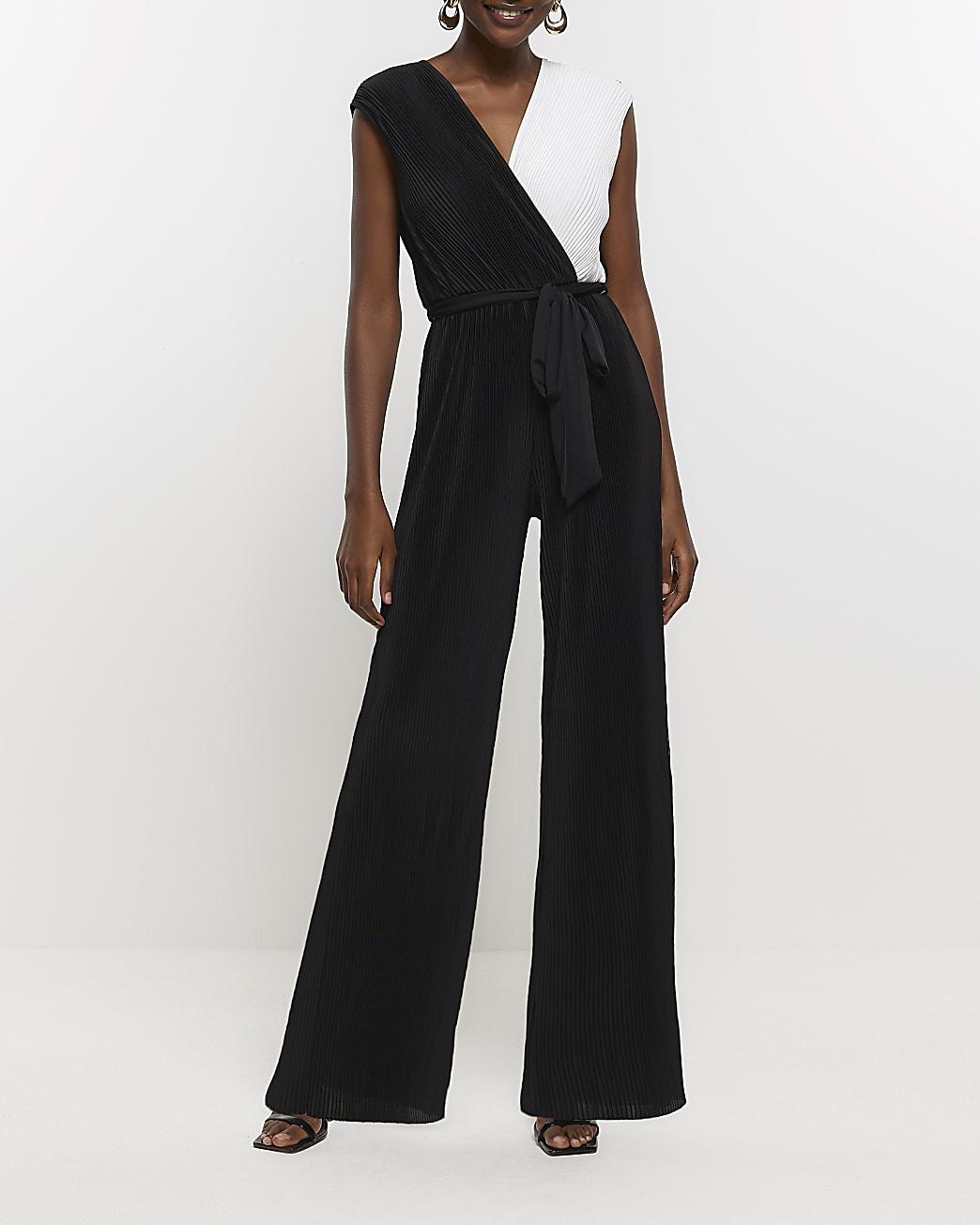 River Island Black Plisse Belted Wrap Jumpsuit Lyst