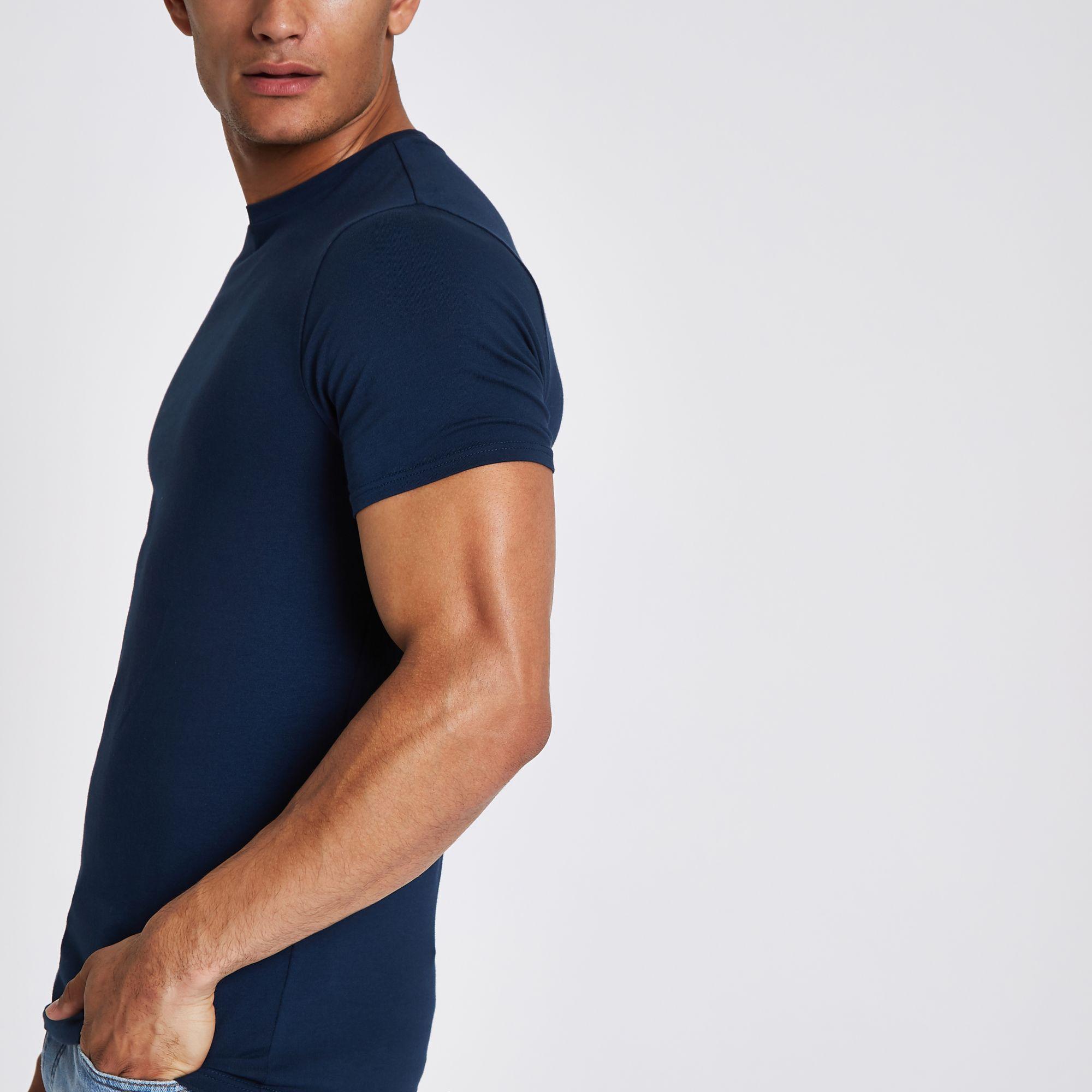 River Island Cotton Navy Muscle Fit Crew Neck T Shirt In Blue For Men