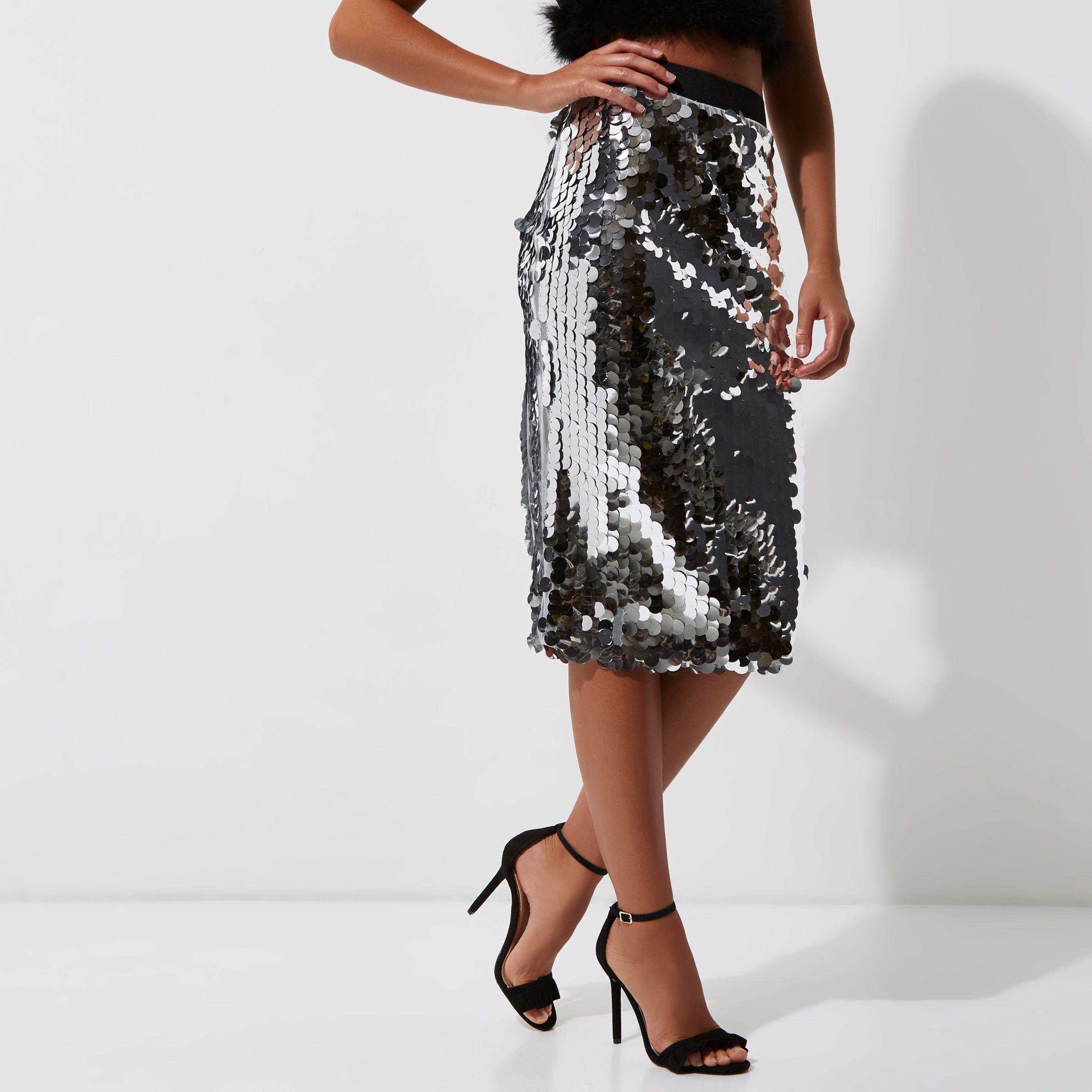 River Island Synthetic Sequin Midi Pencil Skirt In Silver Metallic Lyst