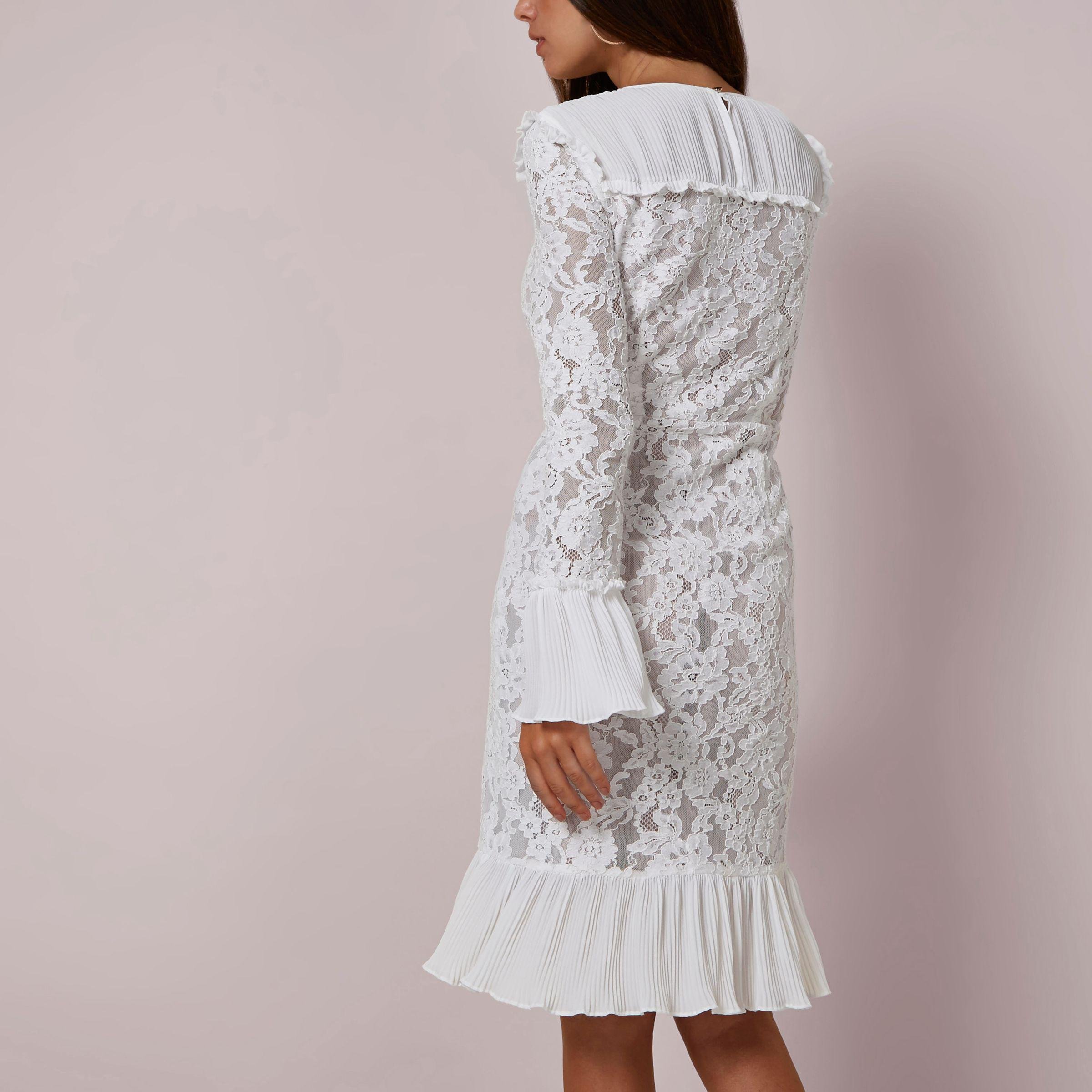 River Island Lace Pleated Hem Bodycon Midi Dress In White Lyst