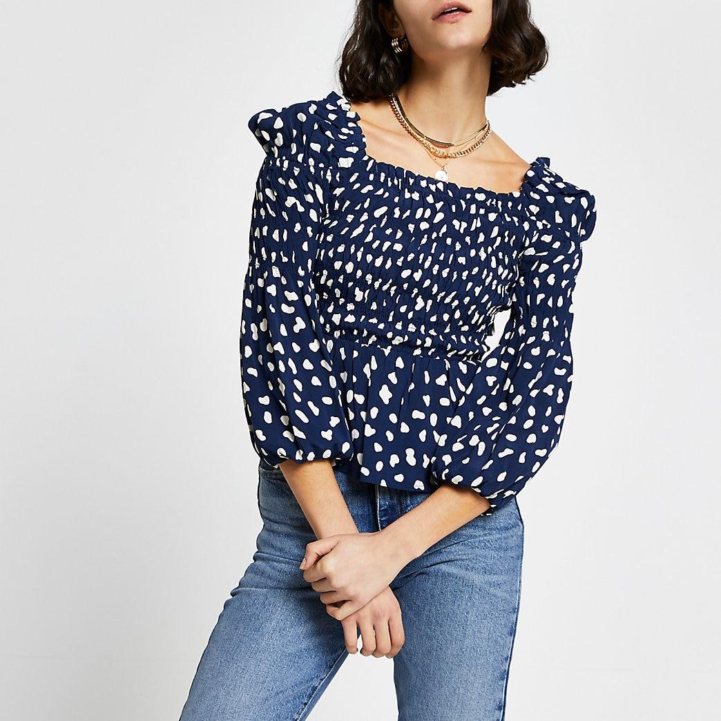 River Island Synthetic Navy Floral Shirred Puff Sleeve Blouse Top In