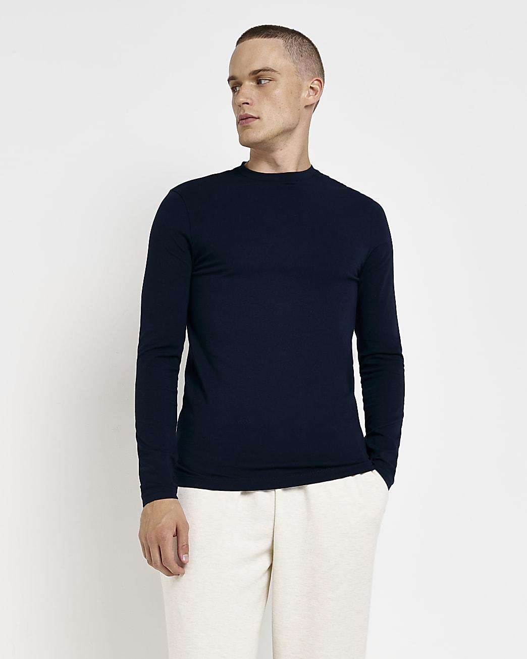 River Island Cotton Navy Muscle Fit Long Sleeve T Shirt In Blue For Men