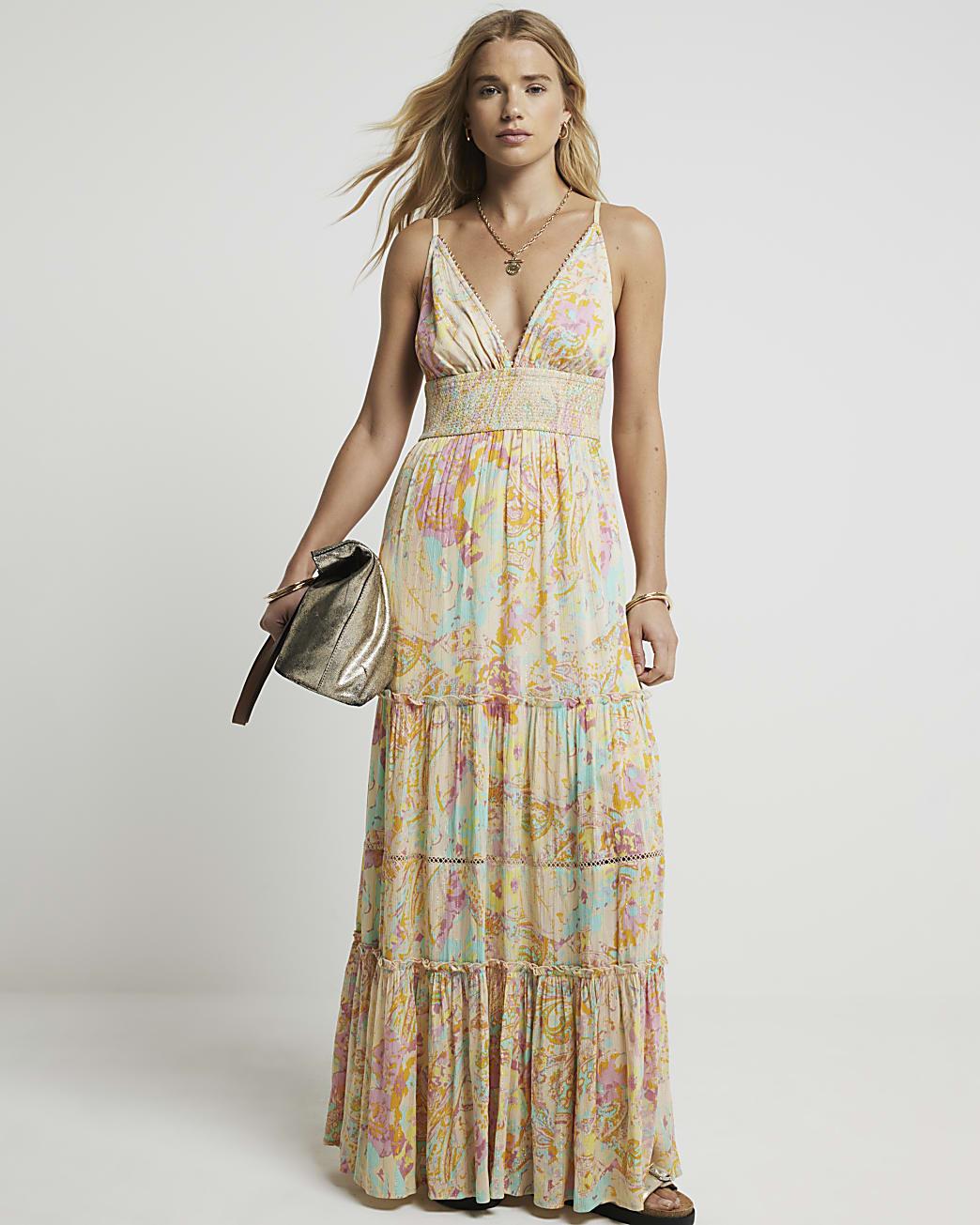 River Island Pink Paisley Plunge Beach Maxi Dress in Natural | Lyst