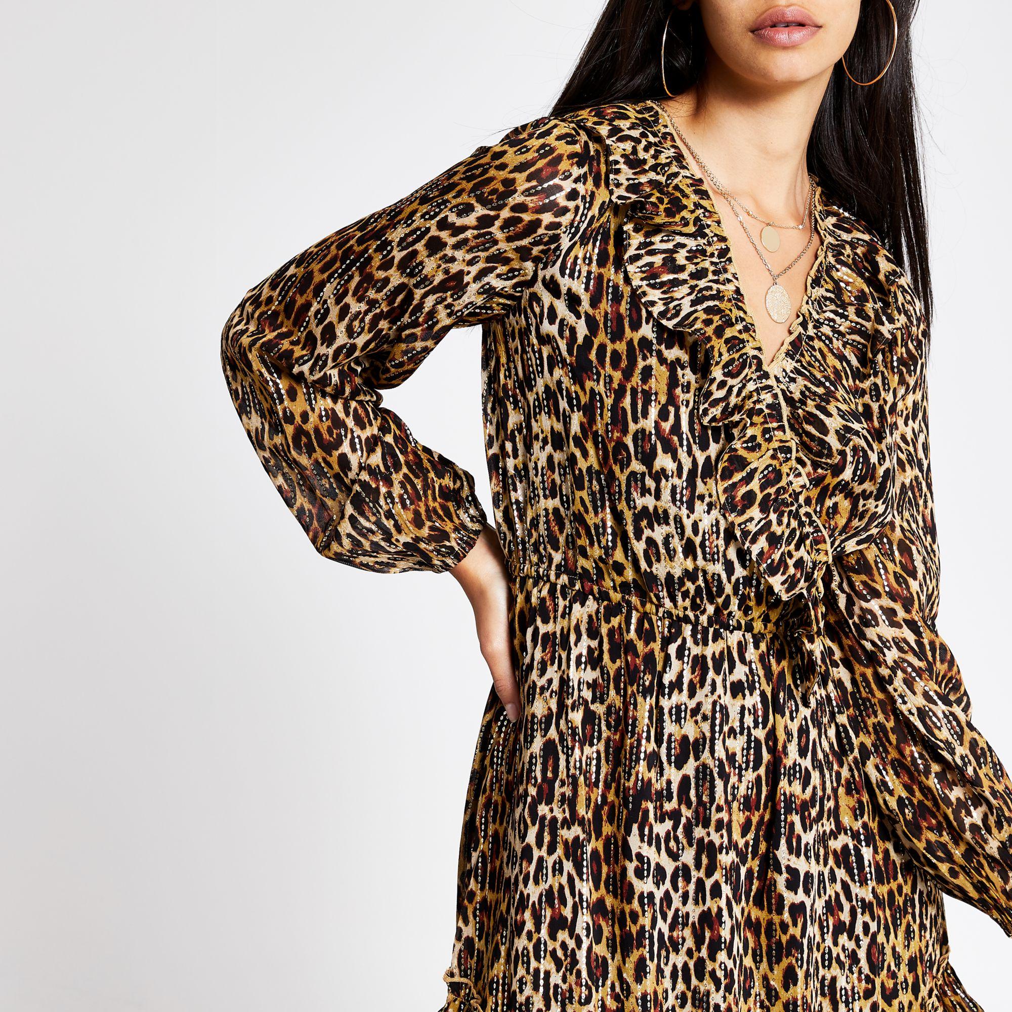 River Island Synthetic Brown Leopard Print Frill Hem Midi Dress Lyst