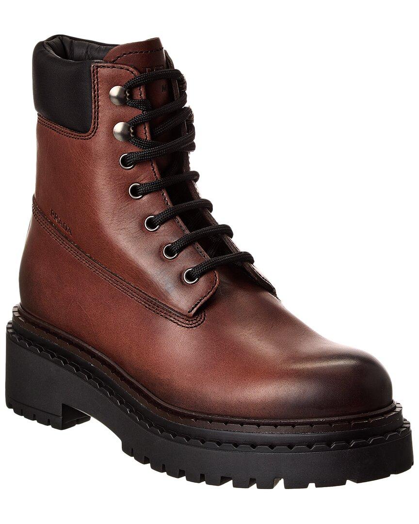 Prada Leather & Re-Nylon Work Boot in Brown | Lyst