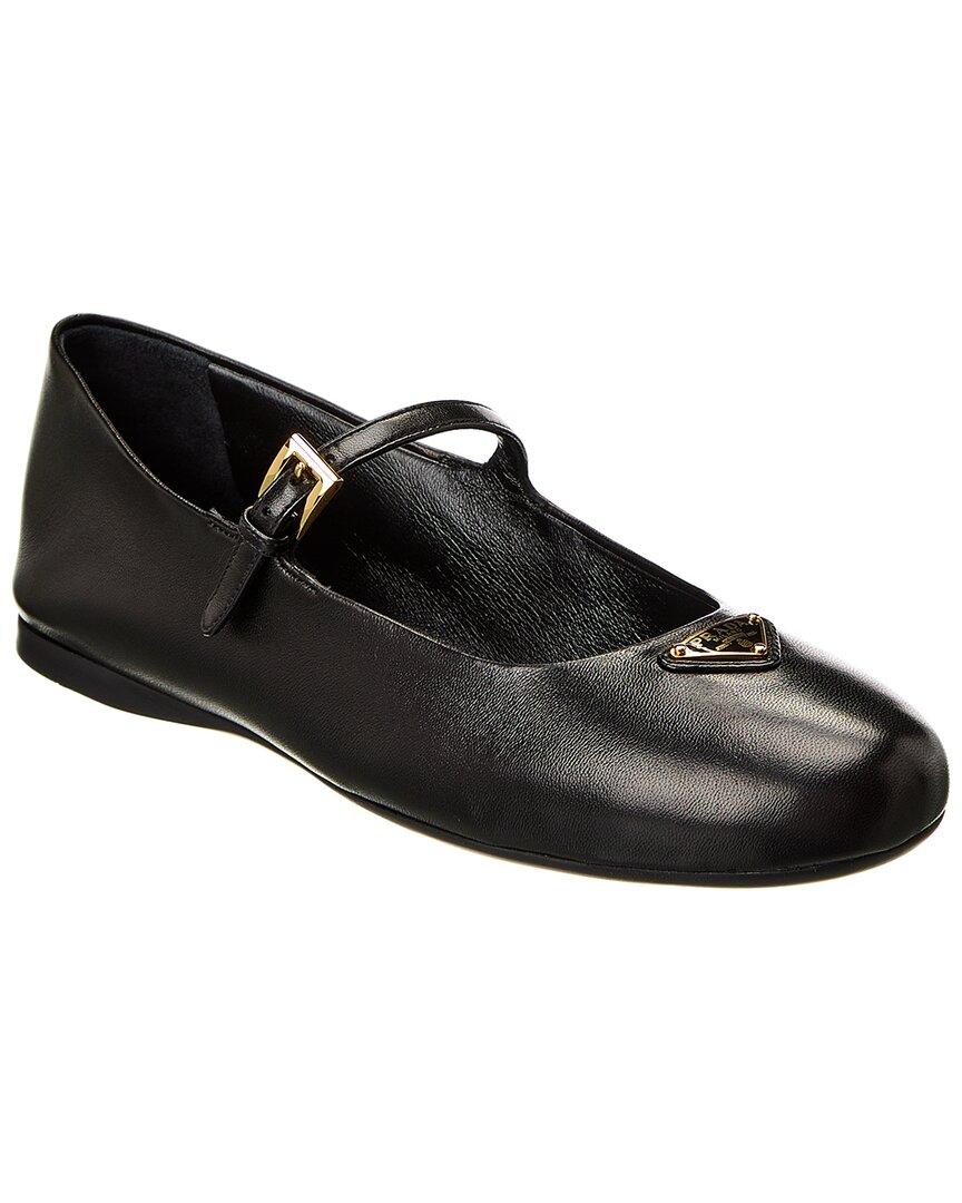 Prada Leather Ballerina Flat in Black | Lyst