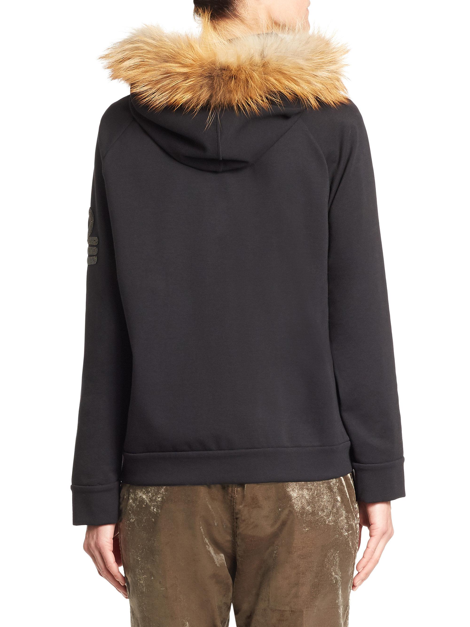 Brunello Cucinelli Fox Fur-trim Jersey Zip Hoodie in Black - Lyst