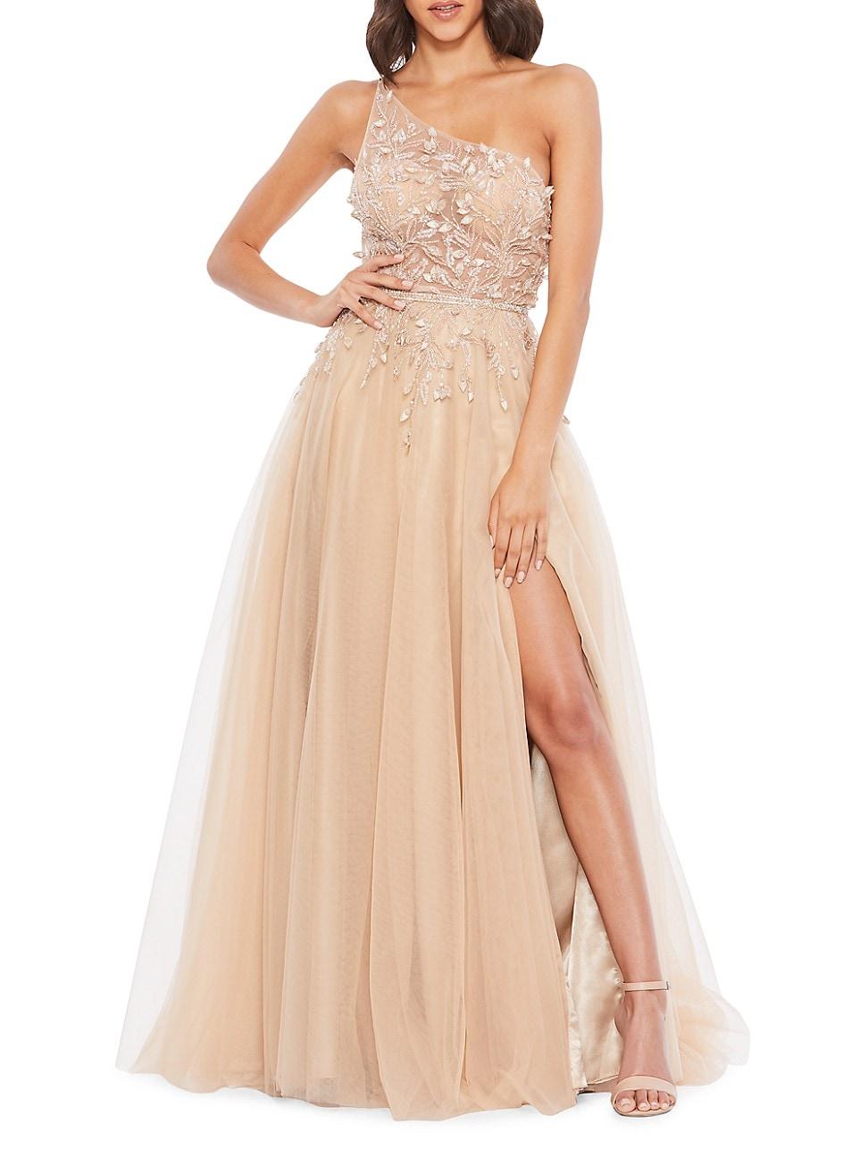 Mac Duggal Bead Embellished One Shoulder Gown In Natural Lyst