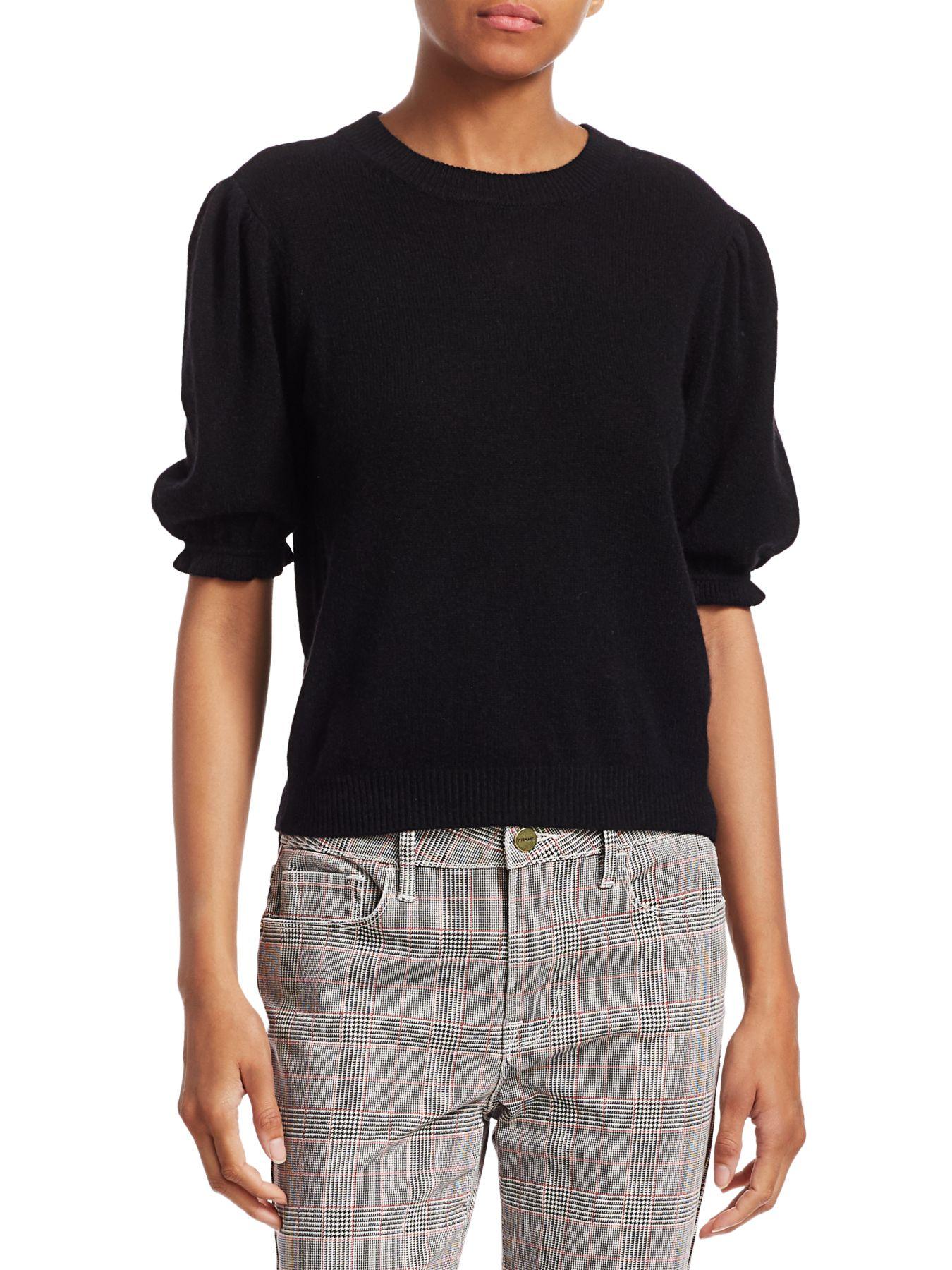 FRAME Sustainable Cashmere Shirred Short-sleeve Sweater in Black - Lyst