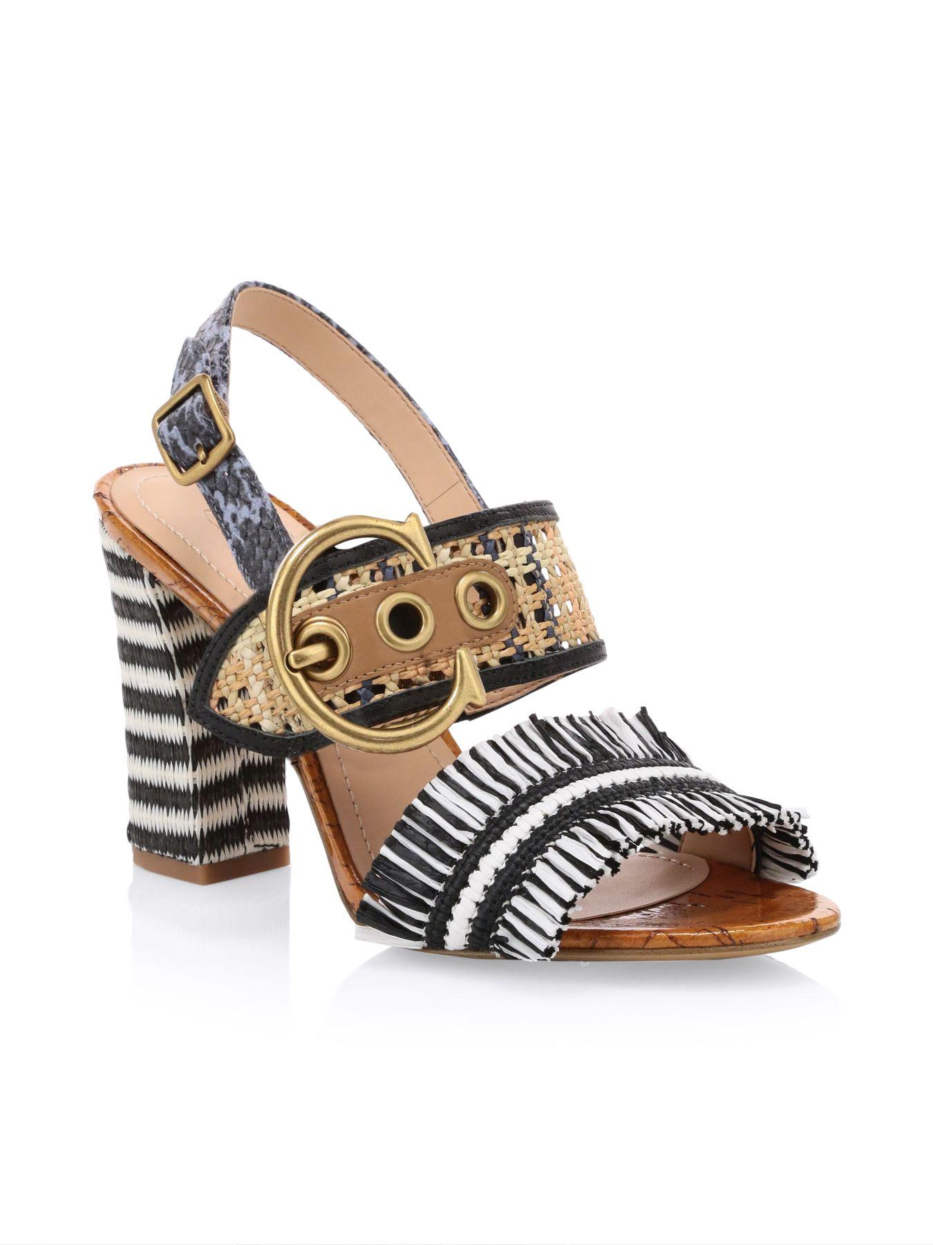 Coach Leather Robin C Buckle Raffia Slingback Sandals Lyst