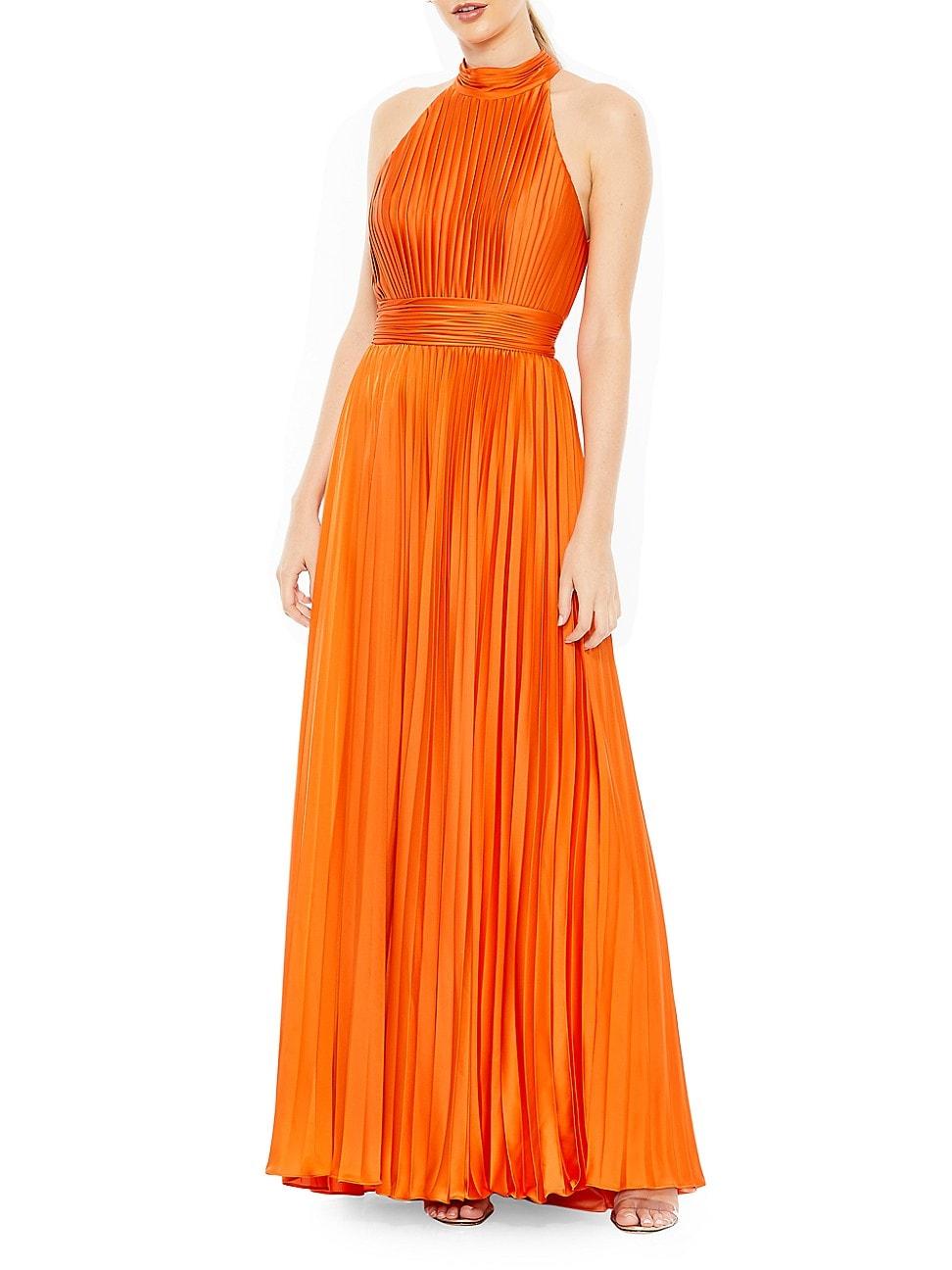 Mac Duggal Pleated Satin Halter Gown In Orange Lyst