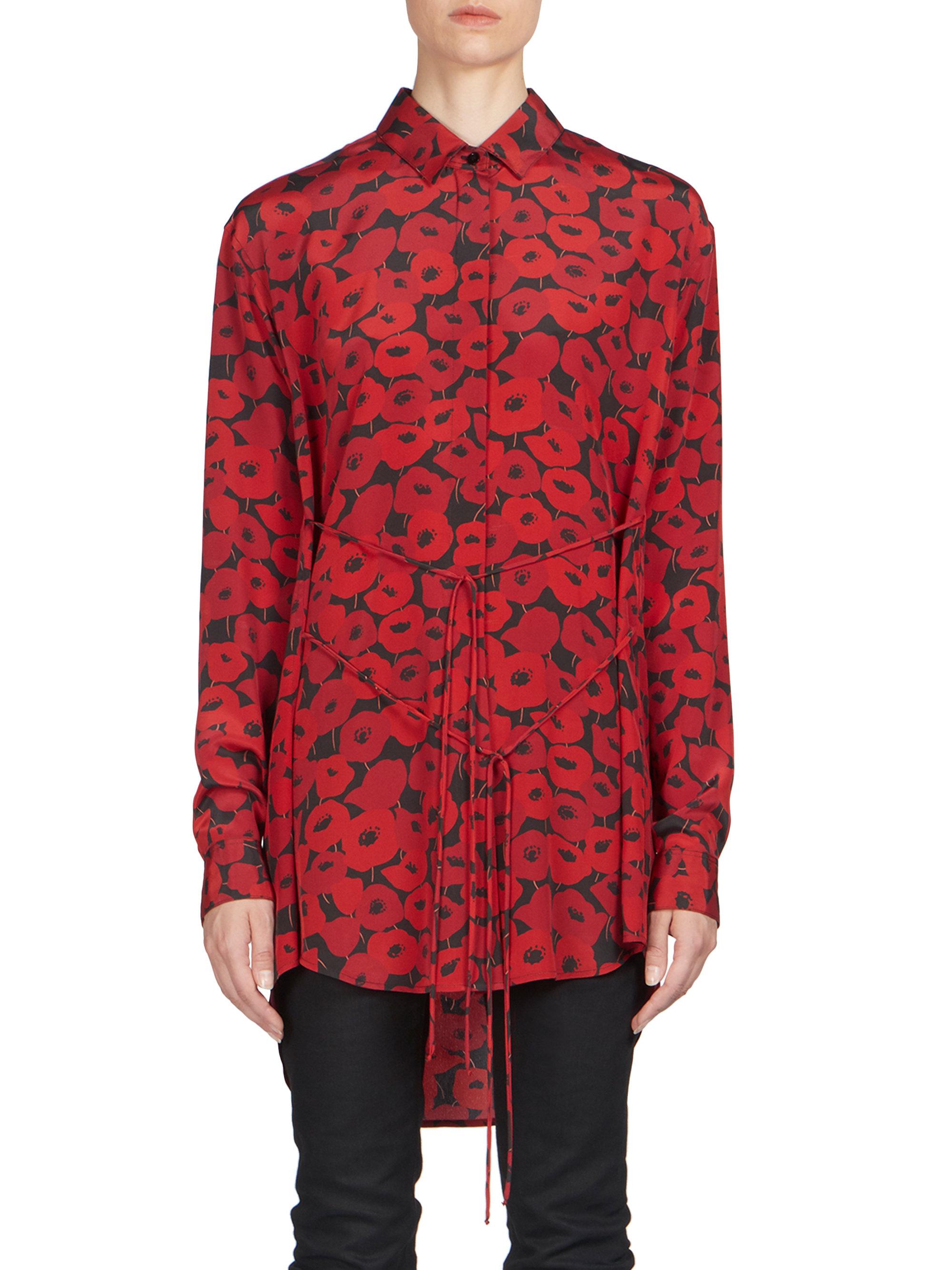 Saint Laurent Silk Poppy Print Blouse In Red Lyst