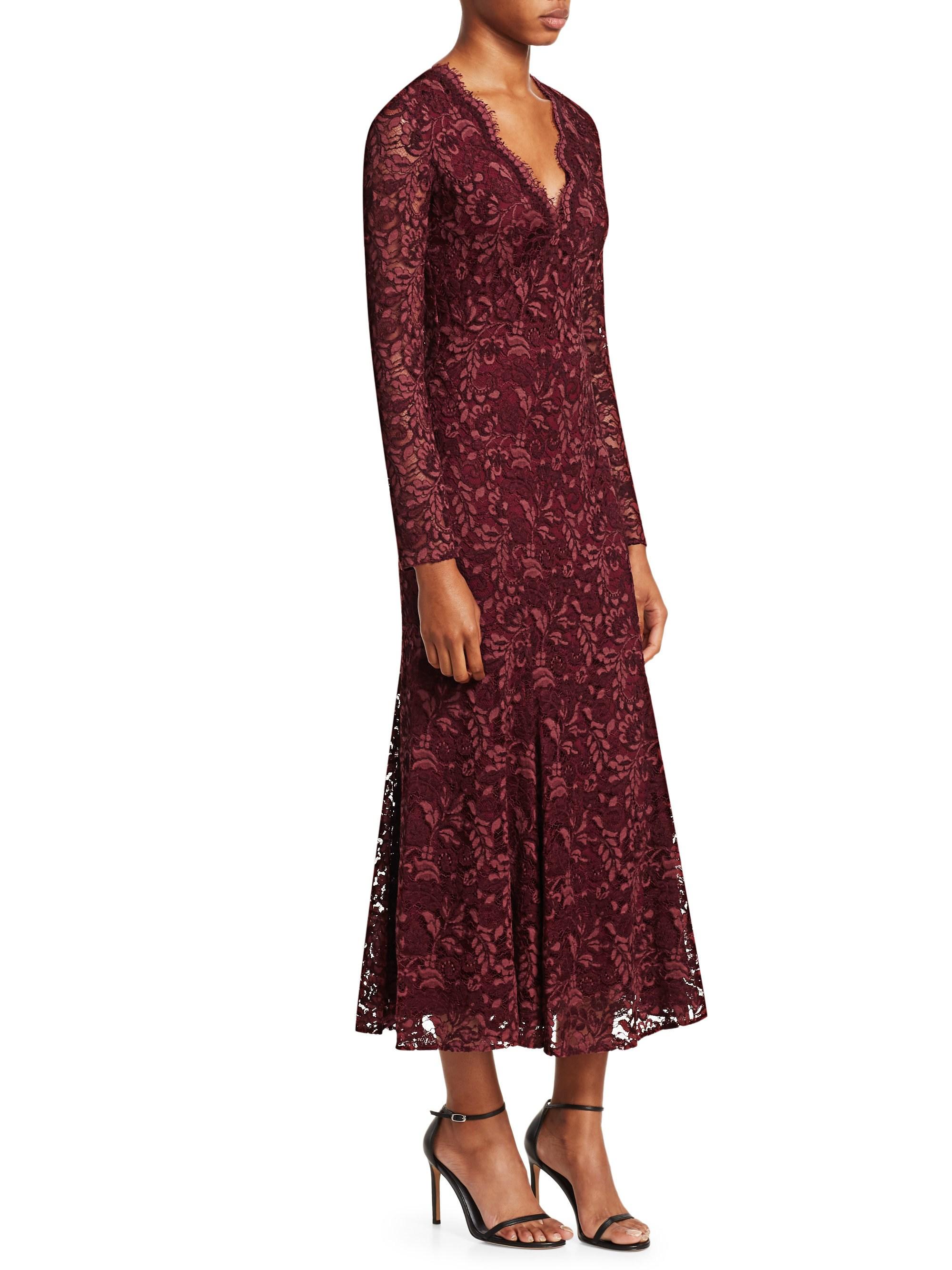 Ralph Lauren Collection Lace Estella Midi Cocktail Dress In Burgundy Red Lyst