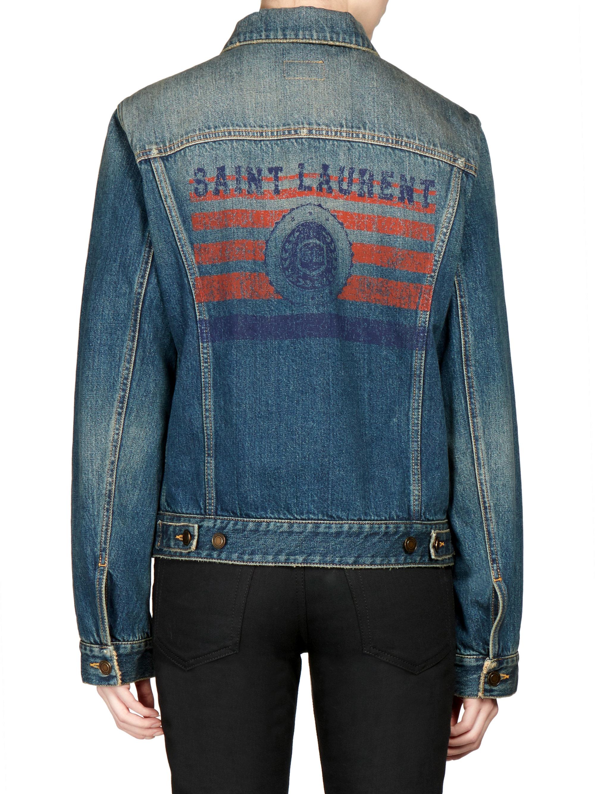 Sale > denim jacket with logo on back > in stock